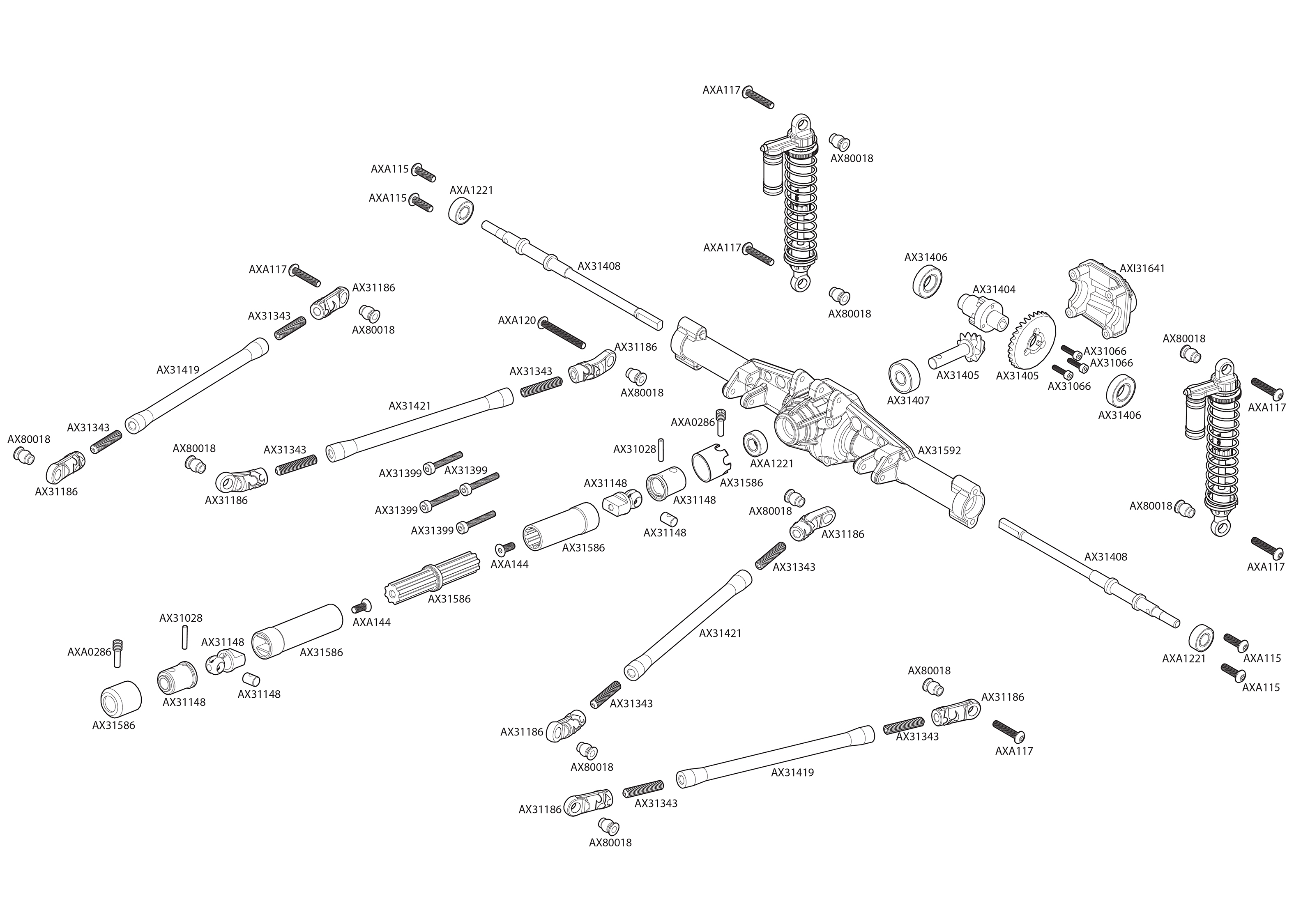 Exploded view: Axial SCX10 II UMG10 1:10 Kit - Rear part | Astra