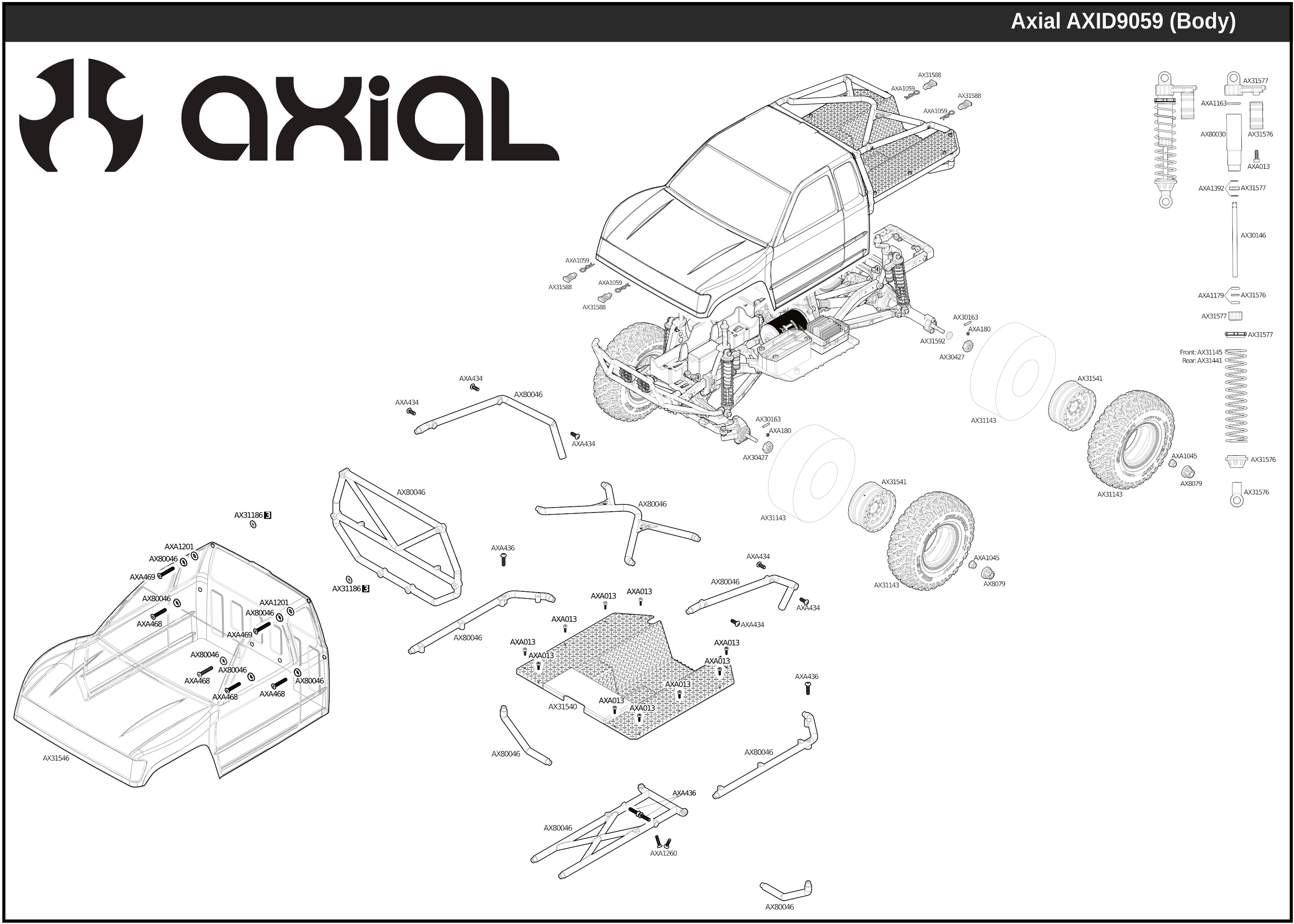 Exploded view: Axial SCX10 II Trail Honcho 1:10 4WD RTR - Body | Astra