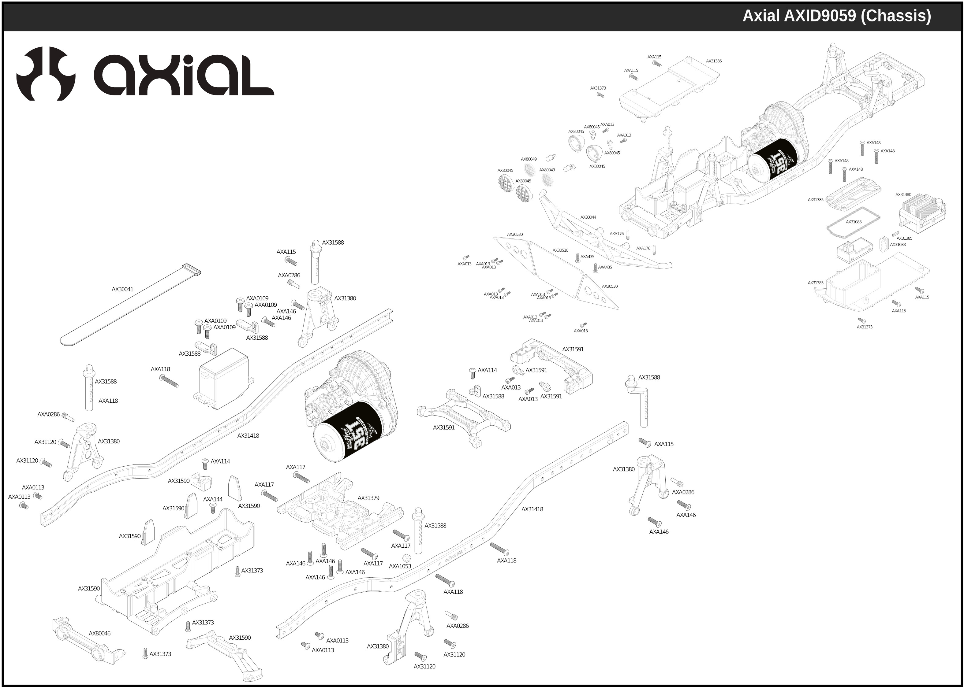 Exploded view: Axial SCX10 II Trail Honcho 1:10 4WD RTR - Chassis | Astra