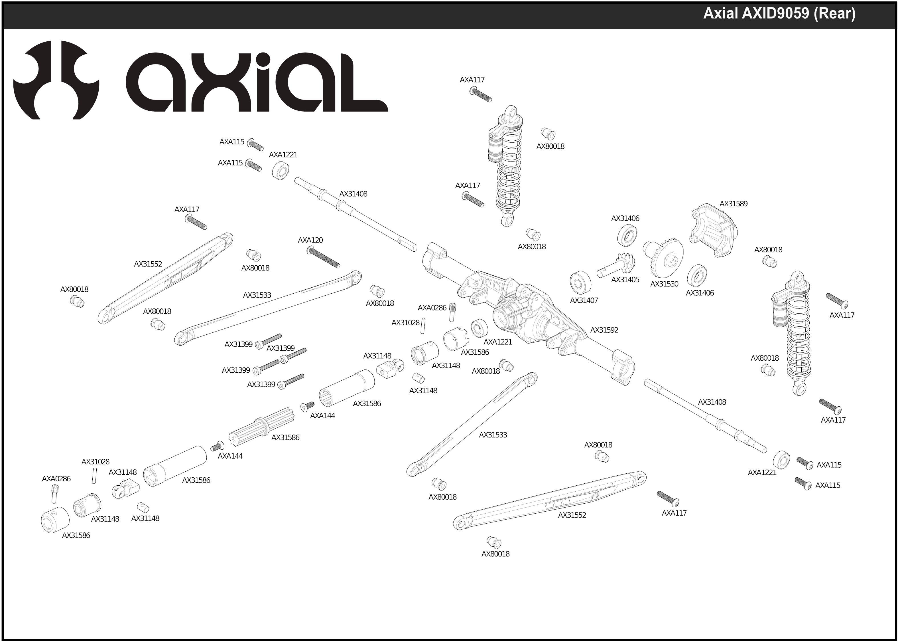 Exploded view: Axial SCX10 II Trail Honcho 1:10 4WD RTR - Rear part | Astra