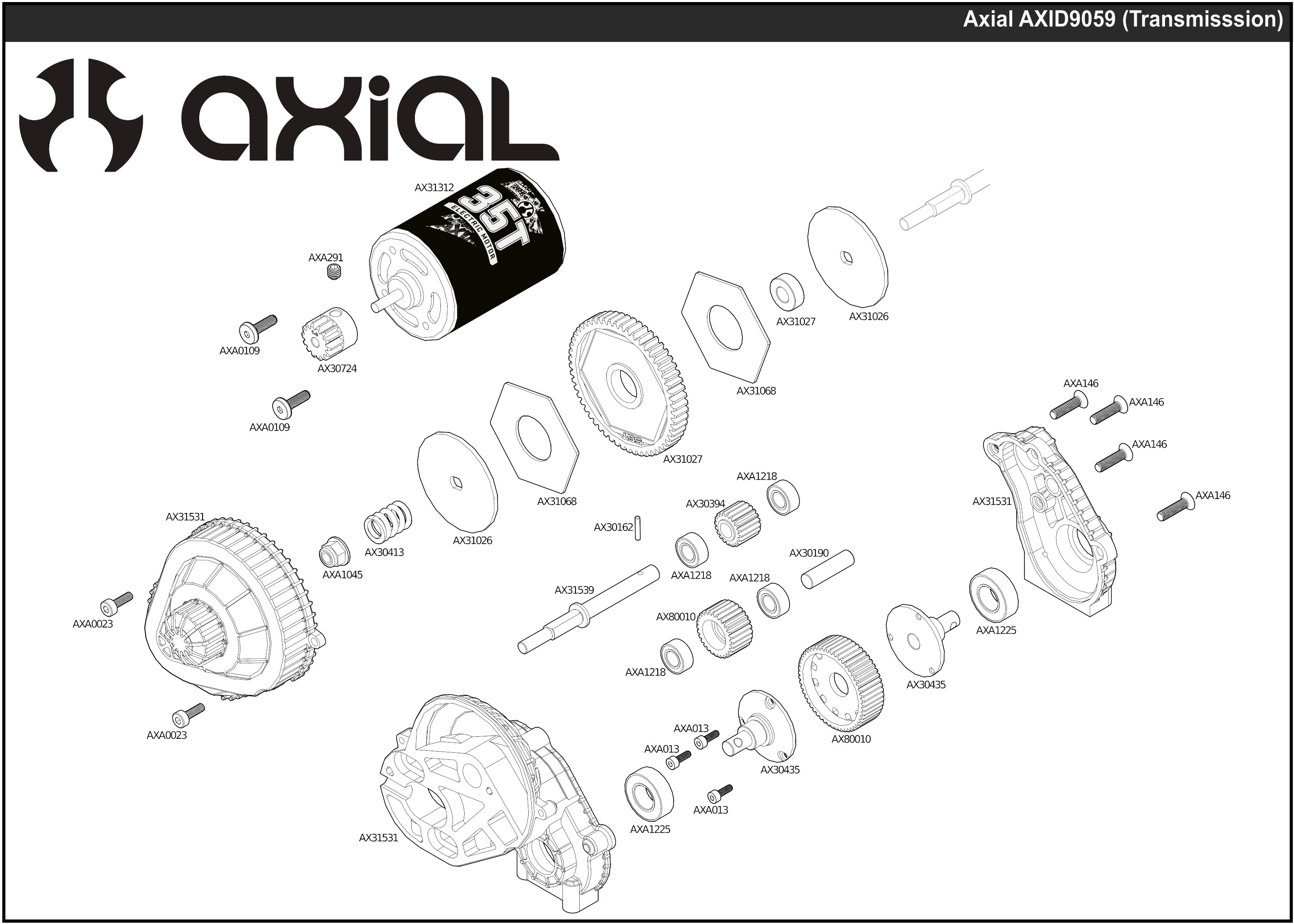 Exploded view: Axial SCX10 II Trail Honcho 1:10 4WD RTR - Transmission ...