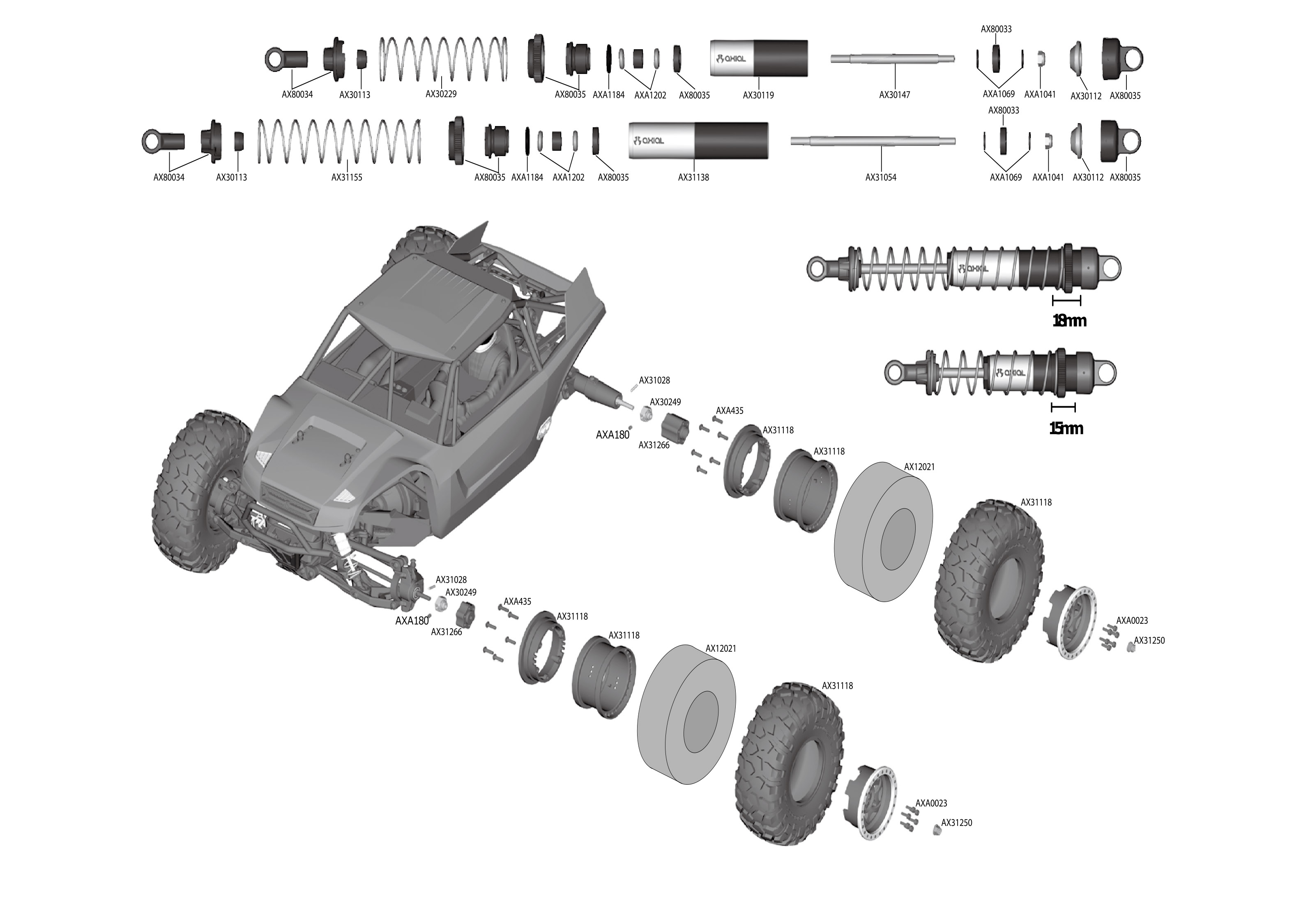 Exploded view: Axial Yeti 1:10 4WD Rock Racer Kit - Disky a pneumatiky ...