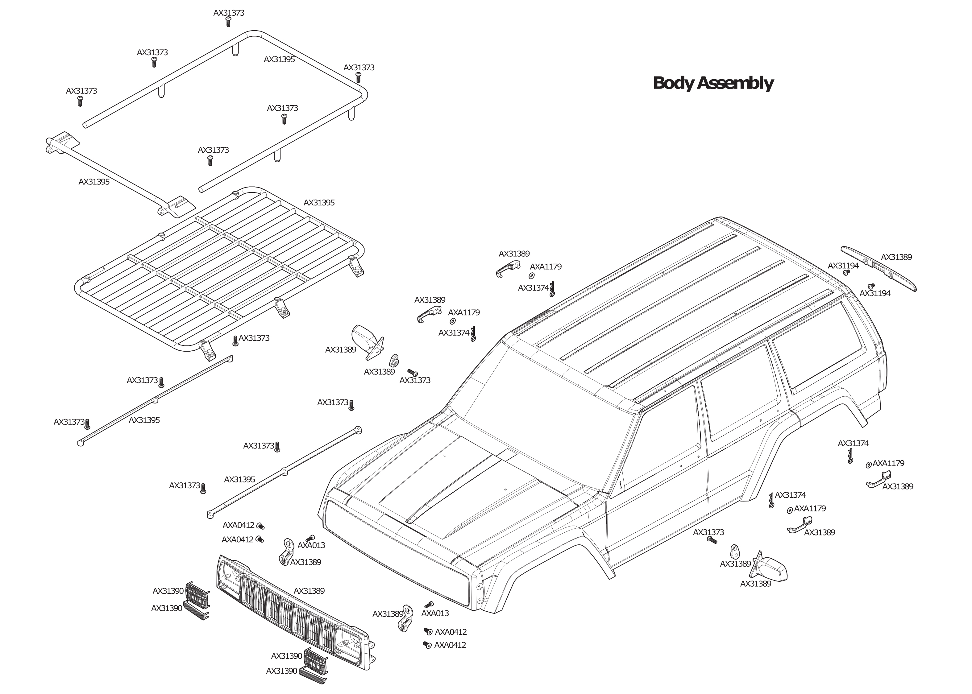 Exploded view: Axial SCX10 II Jeep Cherokee 1:10 4WD Kit - Body | Astra
