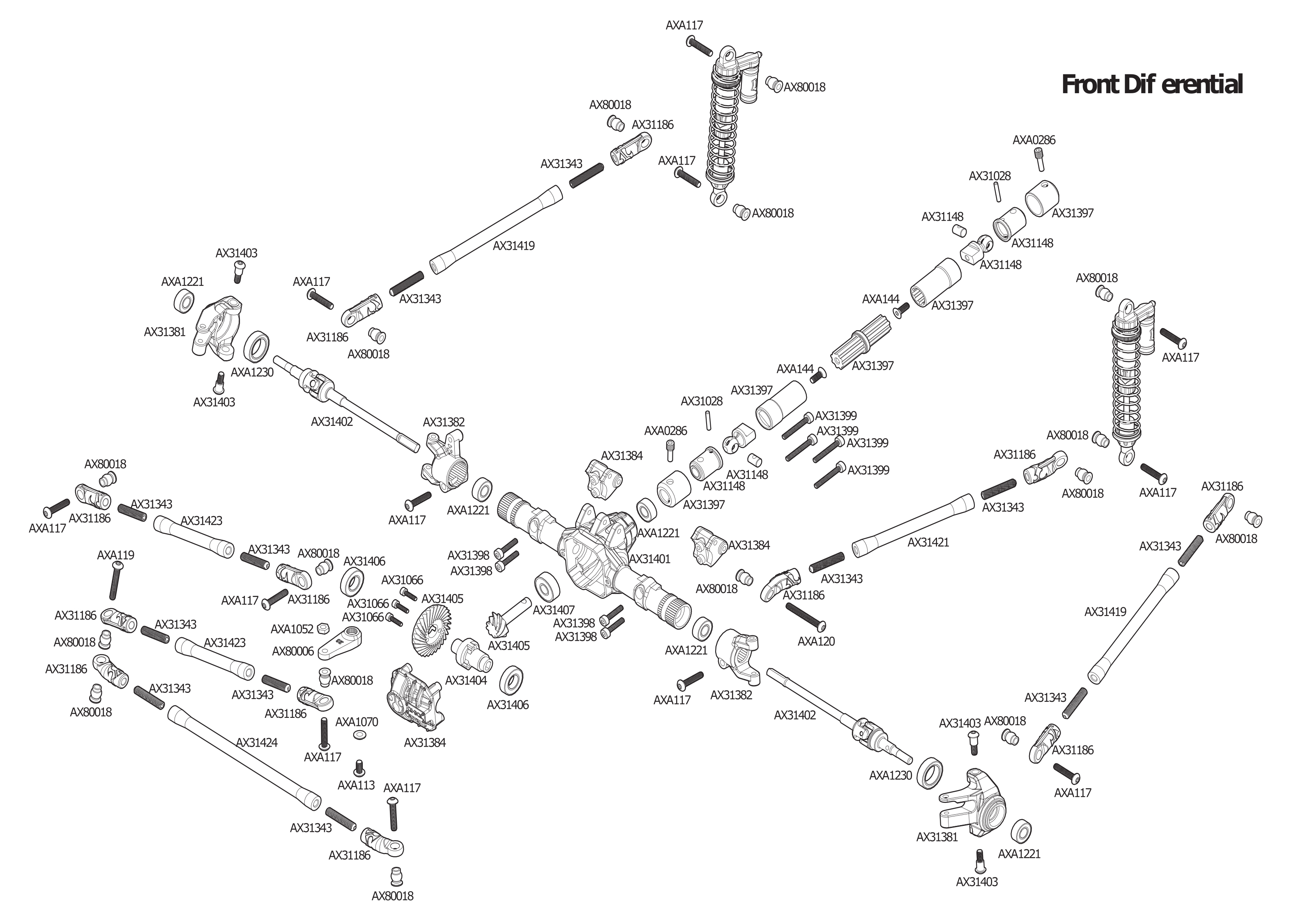 Exploded view: Axial SCX10 II Jeep Cherokee 1:10 4WD Kit - Front part ...