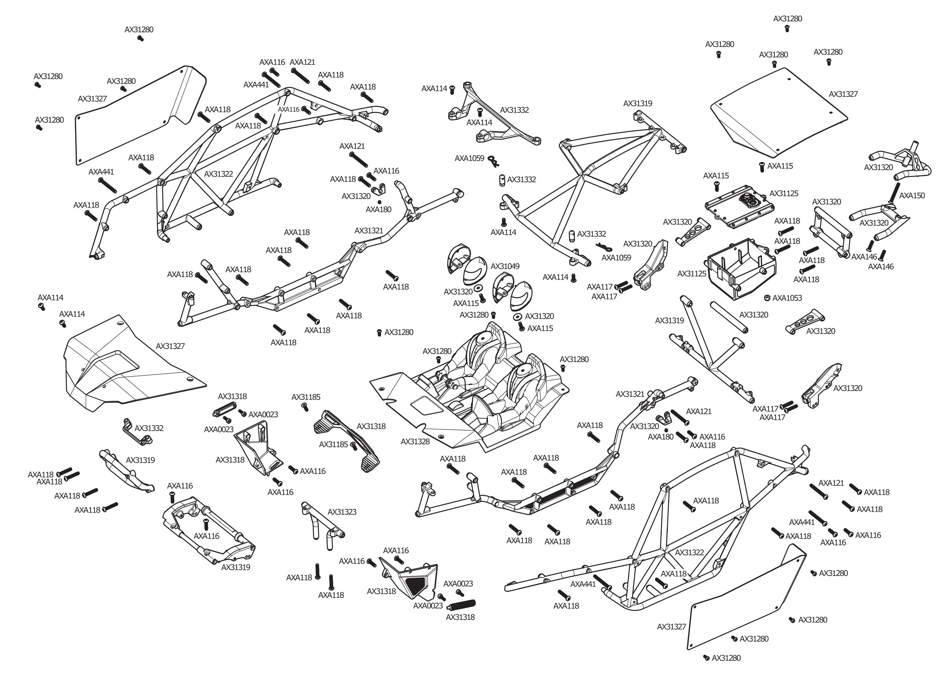 Exploded view: Axial RR10 Bomber 1:10 4WD Kit - Kostra | Astra