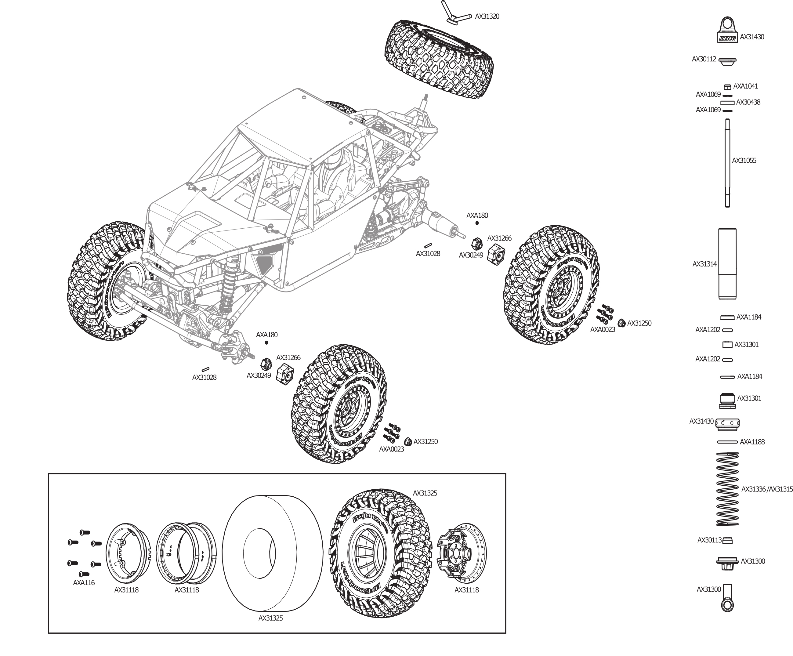 Exploded view: Axial RR10 Bomber 1:10 4WD Kit - Disky a pneumatiky | Astra