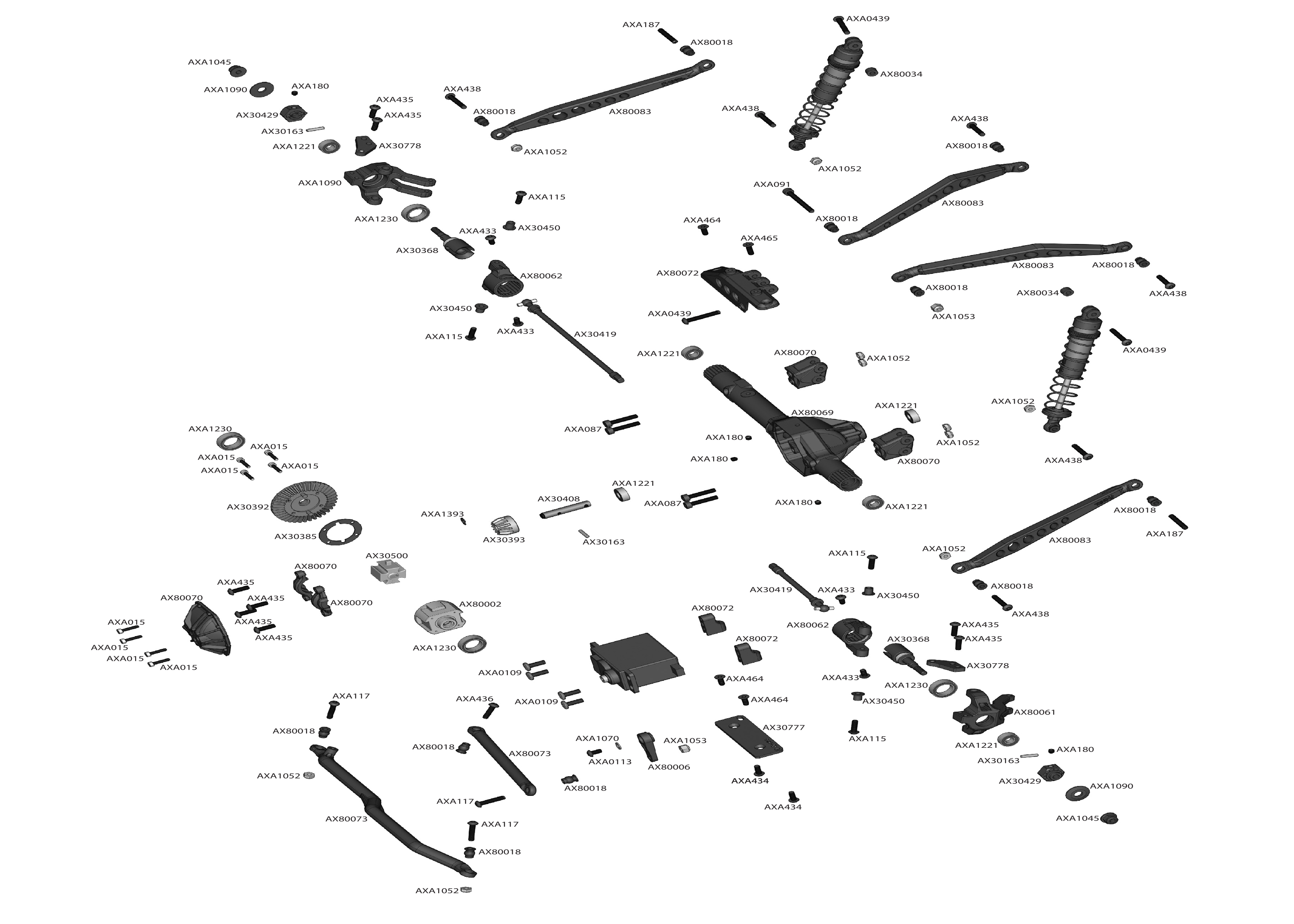 Exploded view: Axial Wraith Rock Racer 1:10 4WD RTR - Front part | Astra