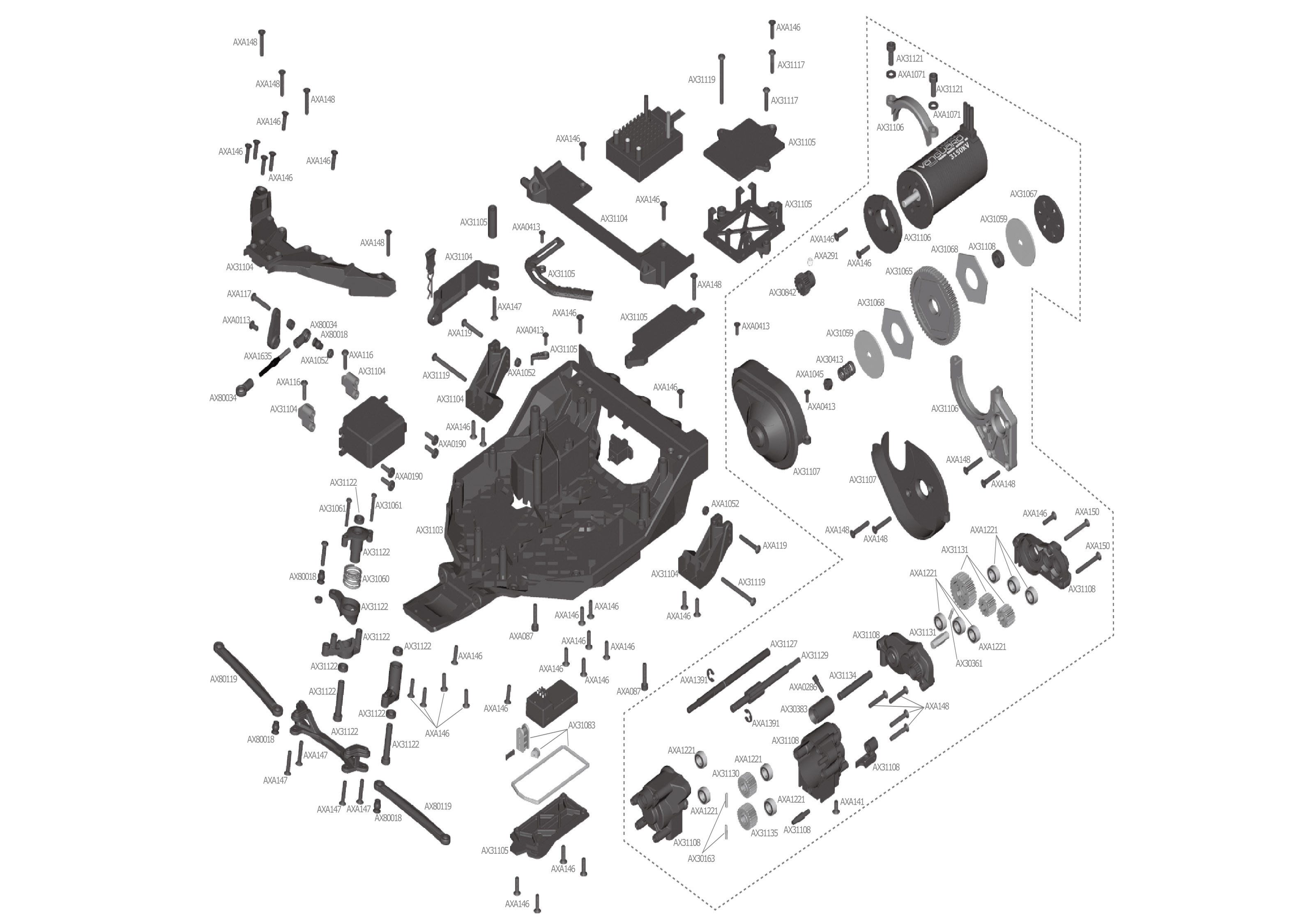 Exploded view: Axial Yeti 1:10 4WD RTR - Chassis | Astra