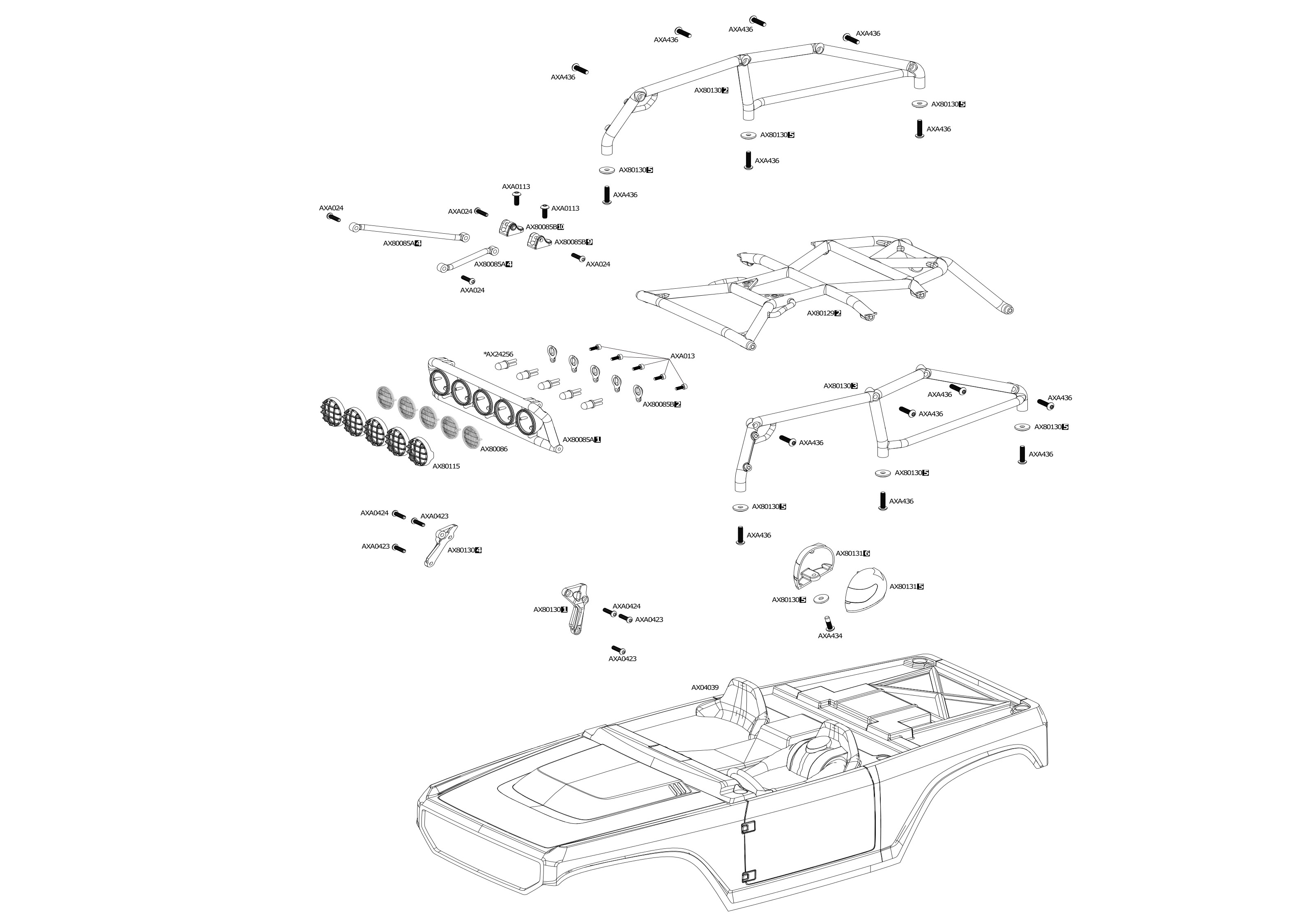 Exploded view: Axial SCX10 1:10 Deadbolt 4WD RTR - Body | Astra