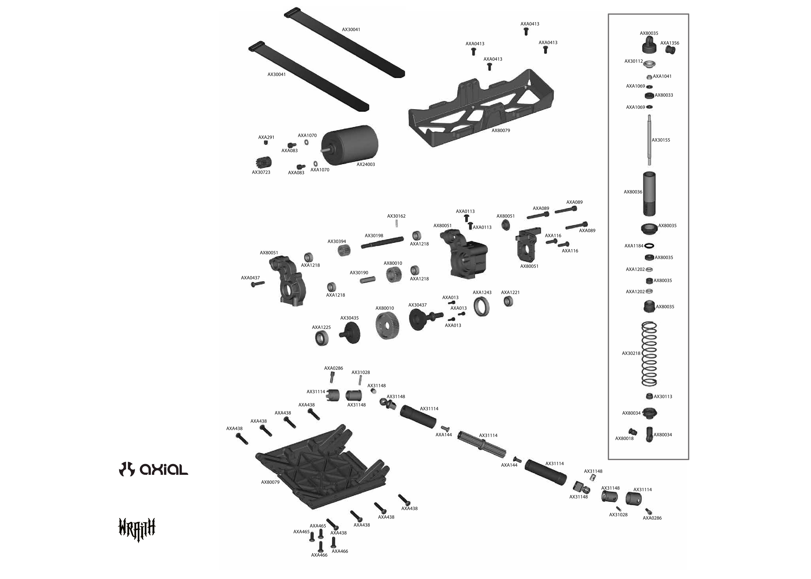 Explozivní výkres: Axial Wraith Spawn 1:10 4WD RTR - Šasi | Astra