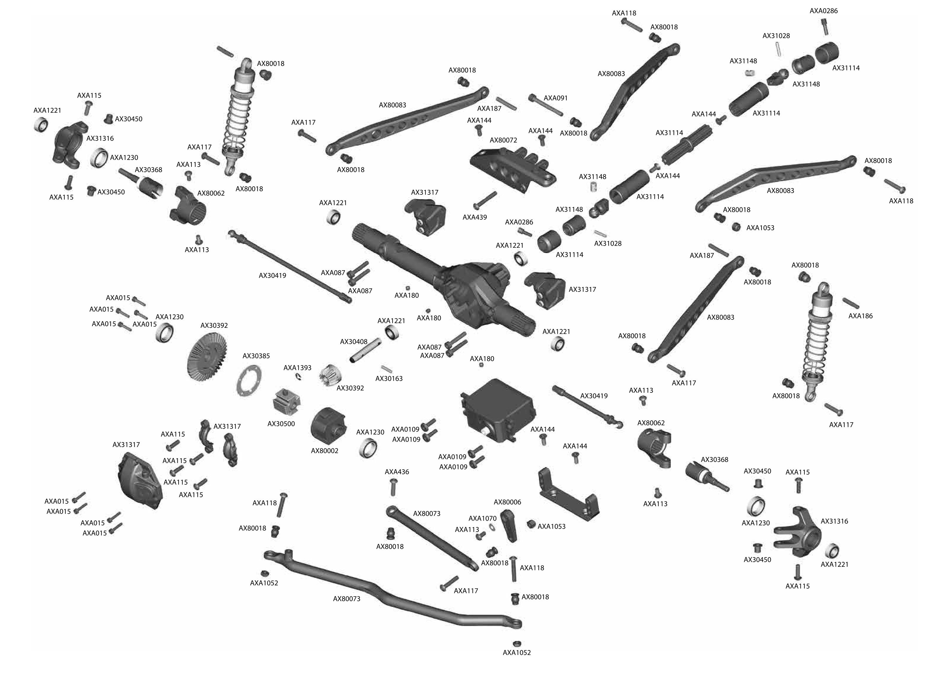 Exploded view: Axial RR10 1:10 4WD RTR - Front part | Astra