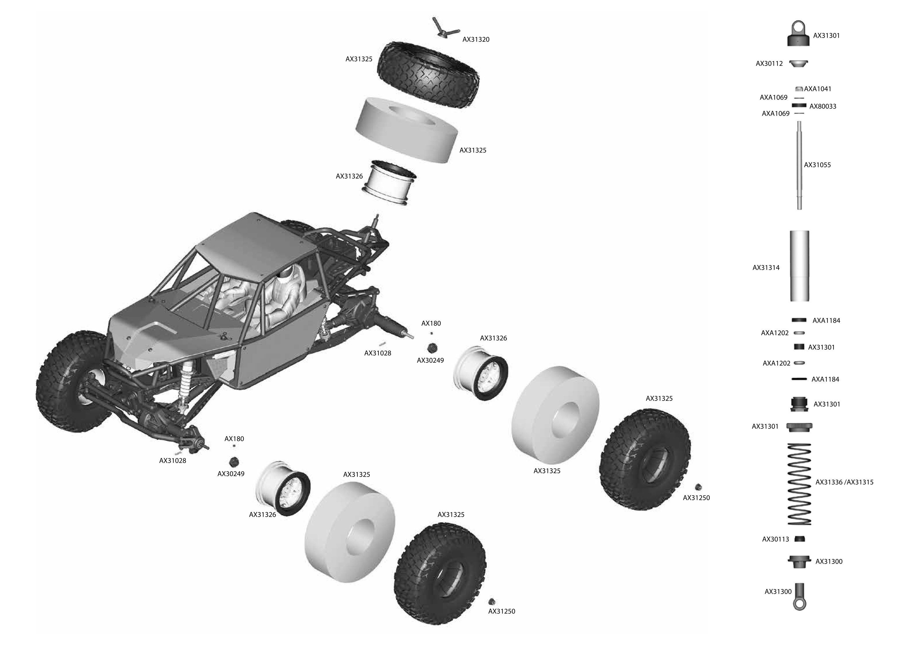 Exploded view: Axial RR10 1:10 4WD RTR - Disky a pneumatiky | Astra