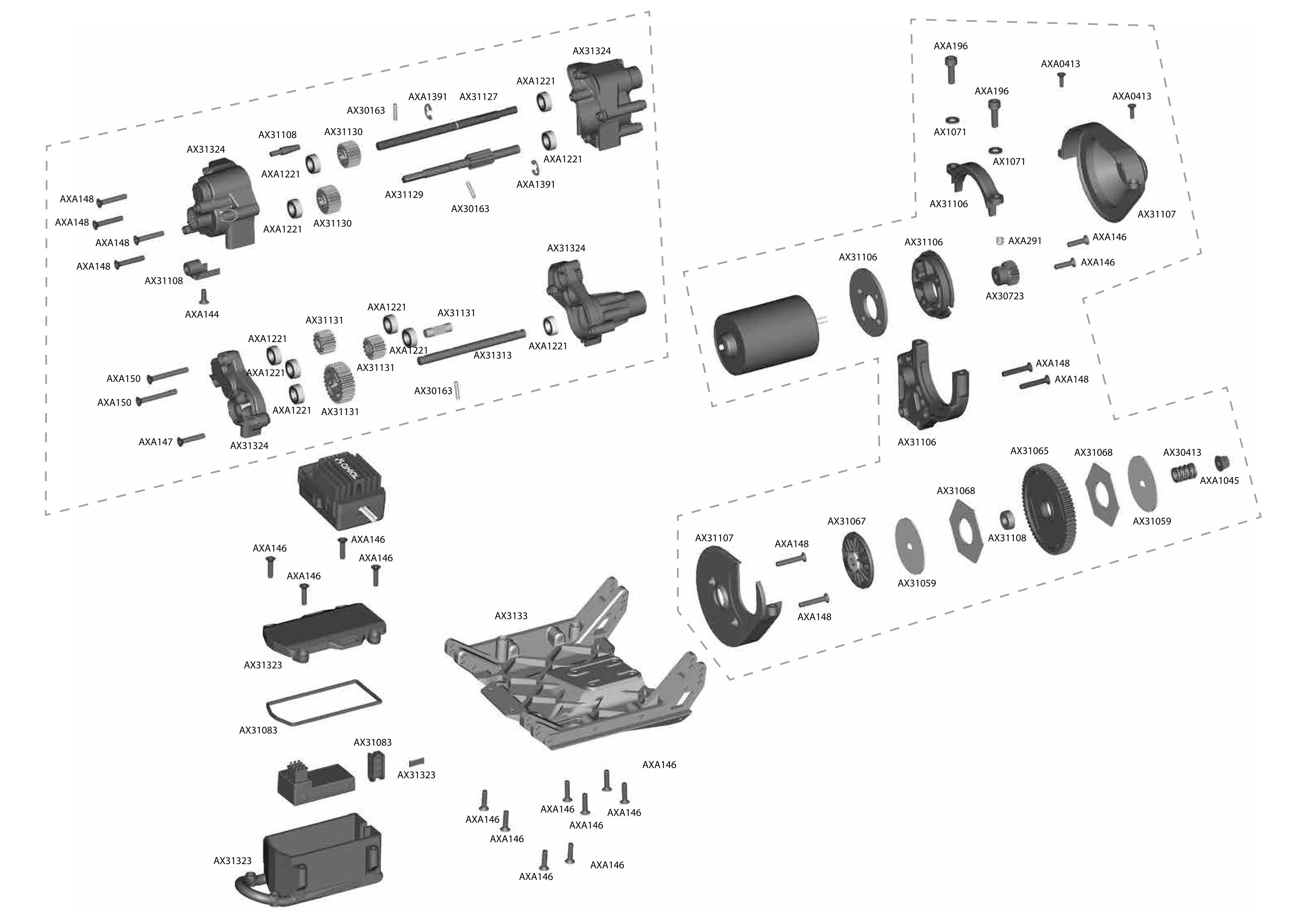 Explozivní výkres: Axial RR10 1:10 4WD RTR - Převodovka | Astra