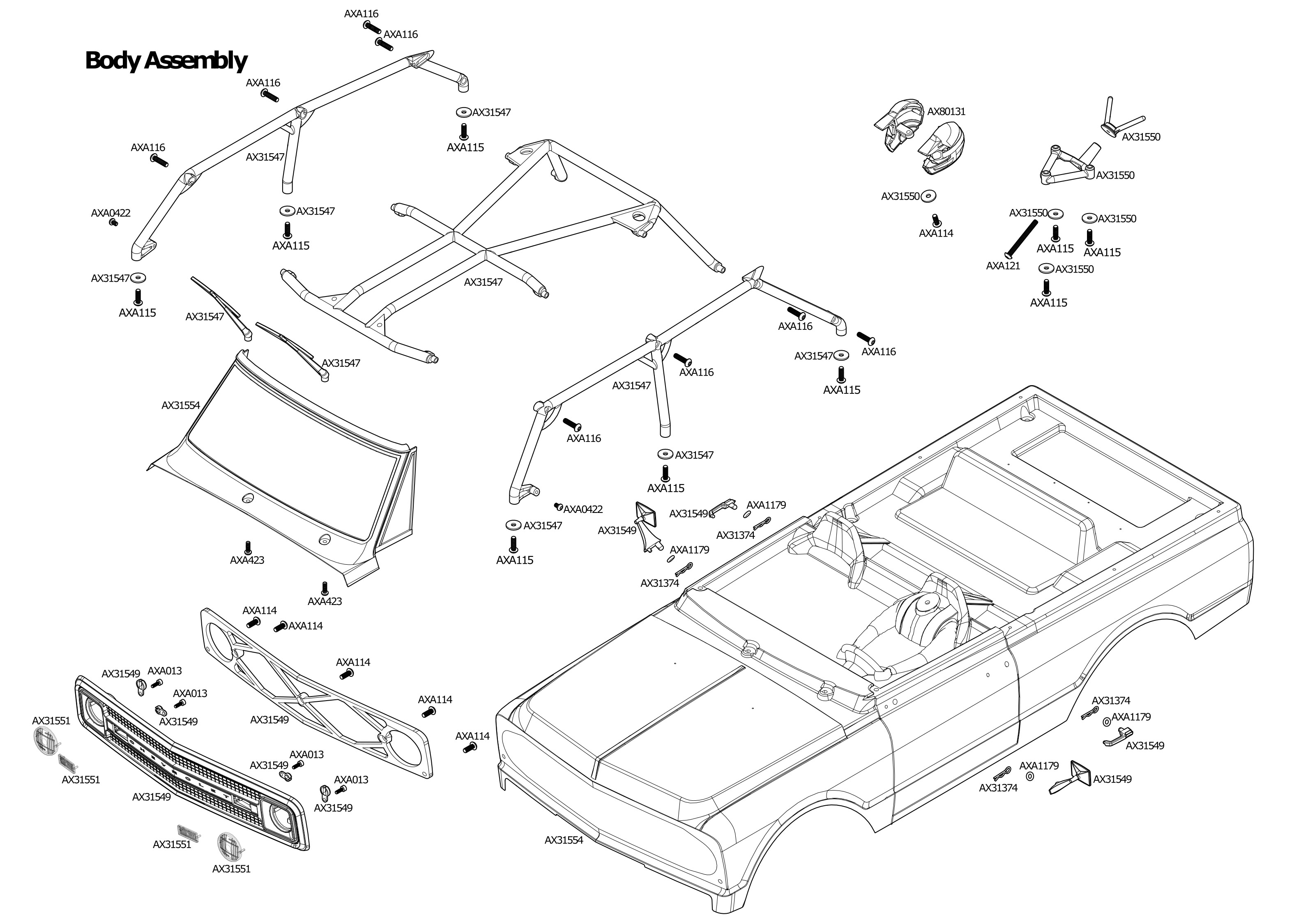 Exploded view: Axial SCX10 II Chevrolet Blazer 1969 1:10 4WD RTR - Body ...