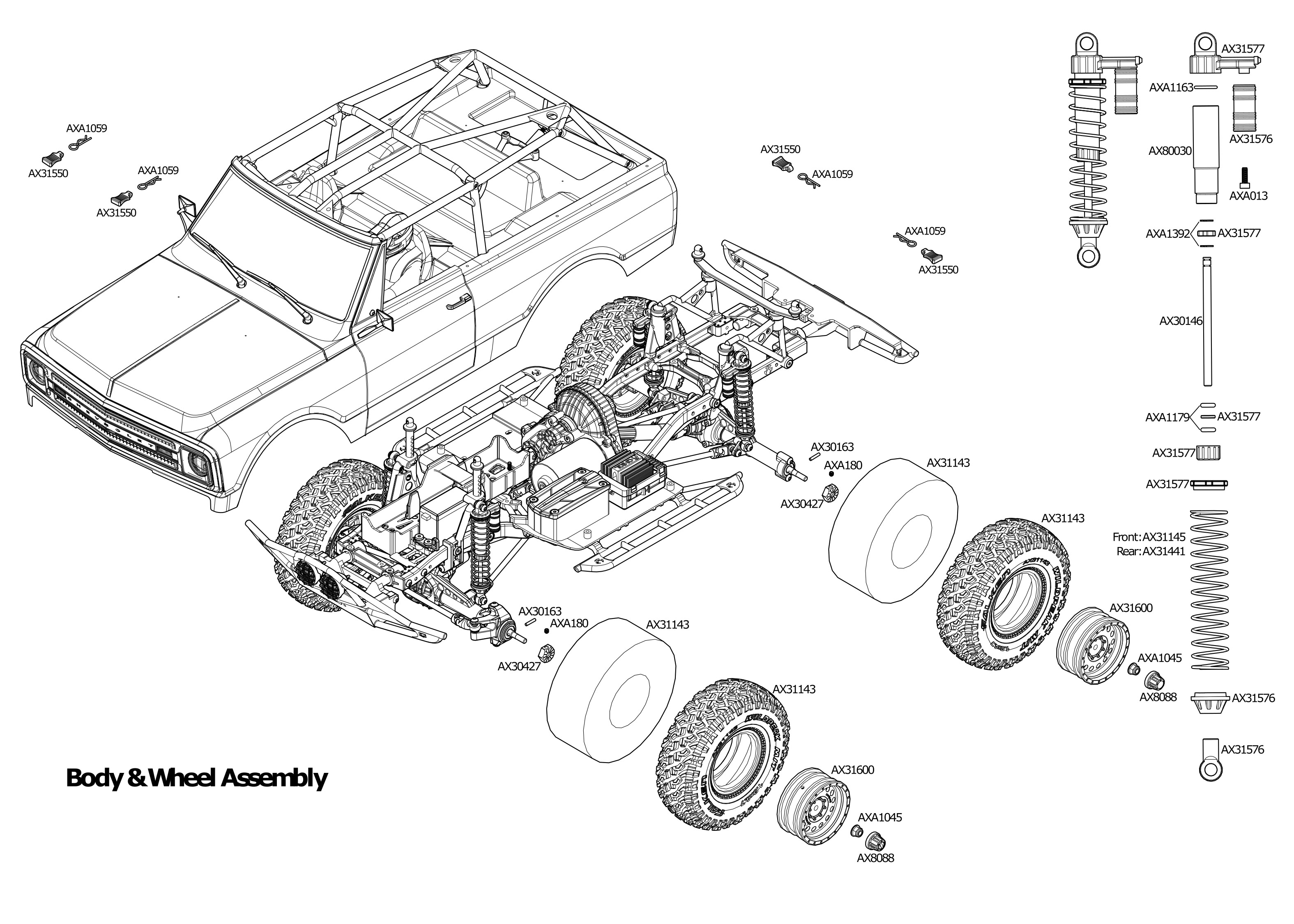 Exploded view: Axial SCX10 II Chevrolet Blazer 1969 1:10 4WD RTR ...