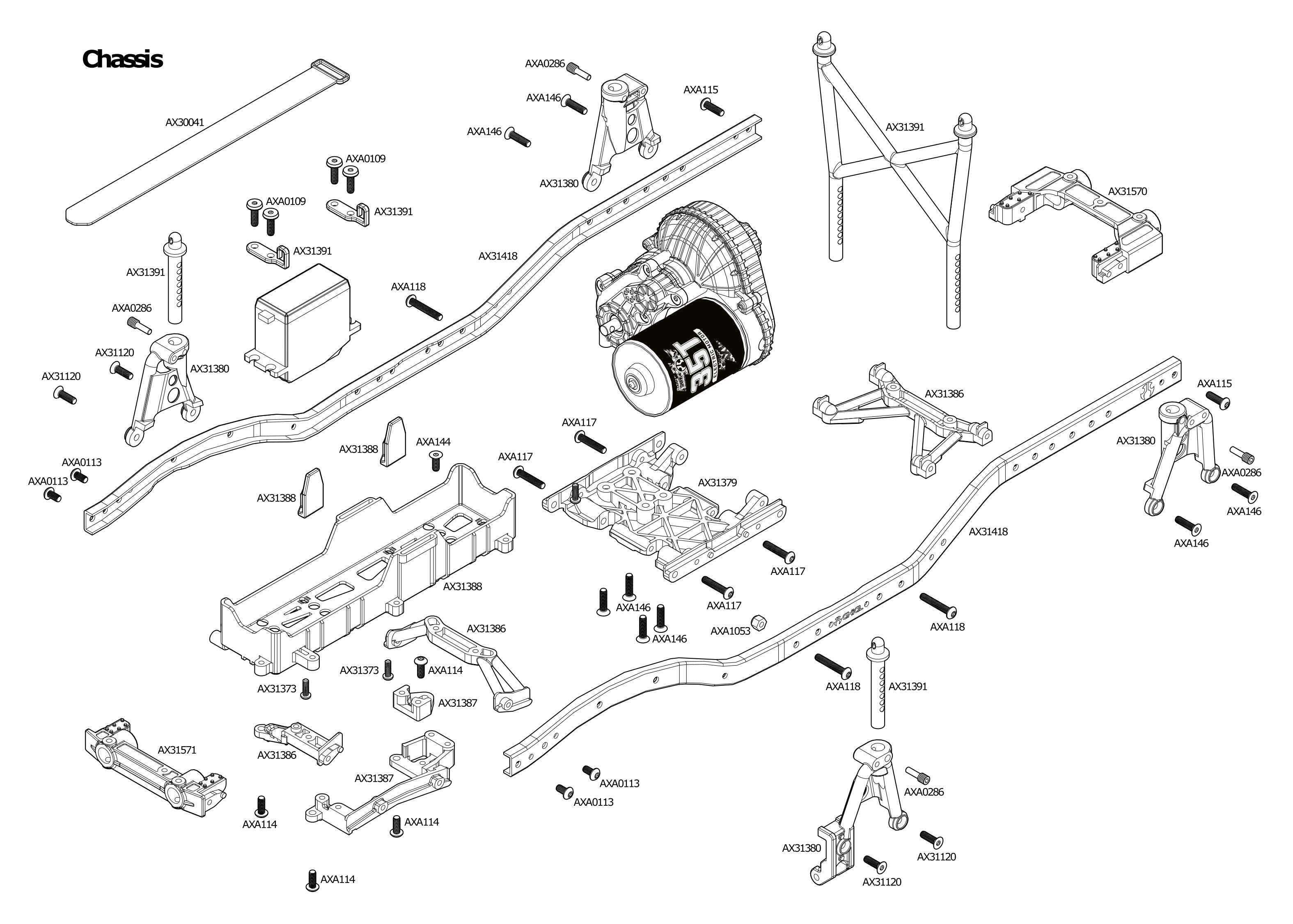 Exploded view: Axial SCX10 II Jeep Wrangler 2017 1:10 4WD RTR - Chassis ...