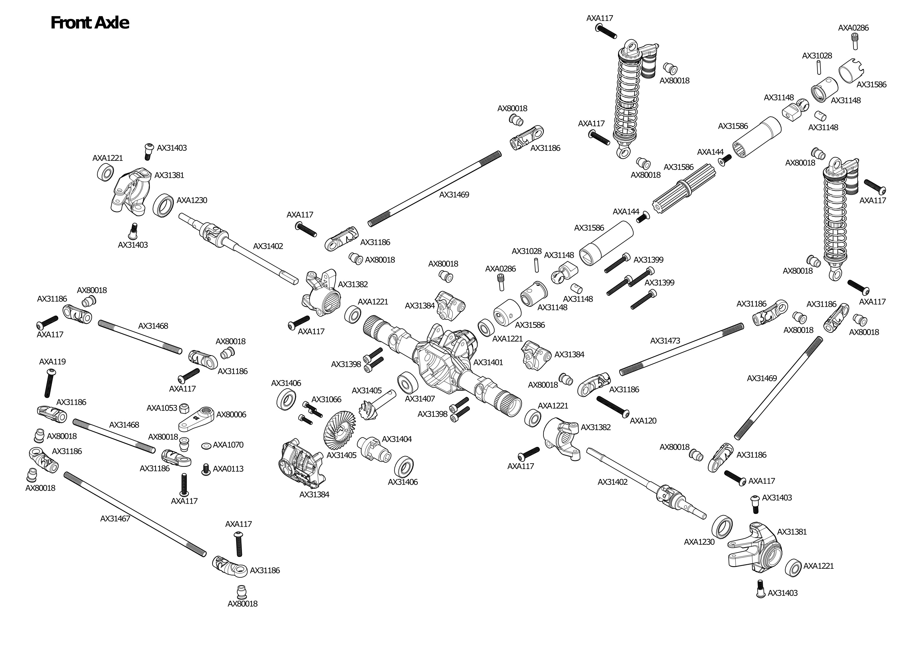 Exploded view: Axial SCX10 II Jeep Wrangler 2017 1:10 4WD RTR - Front ...