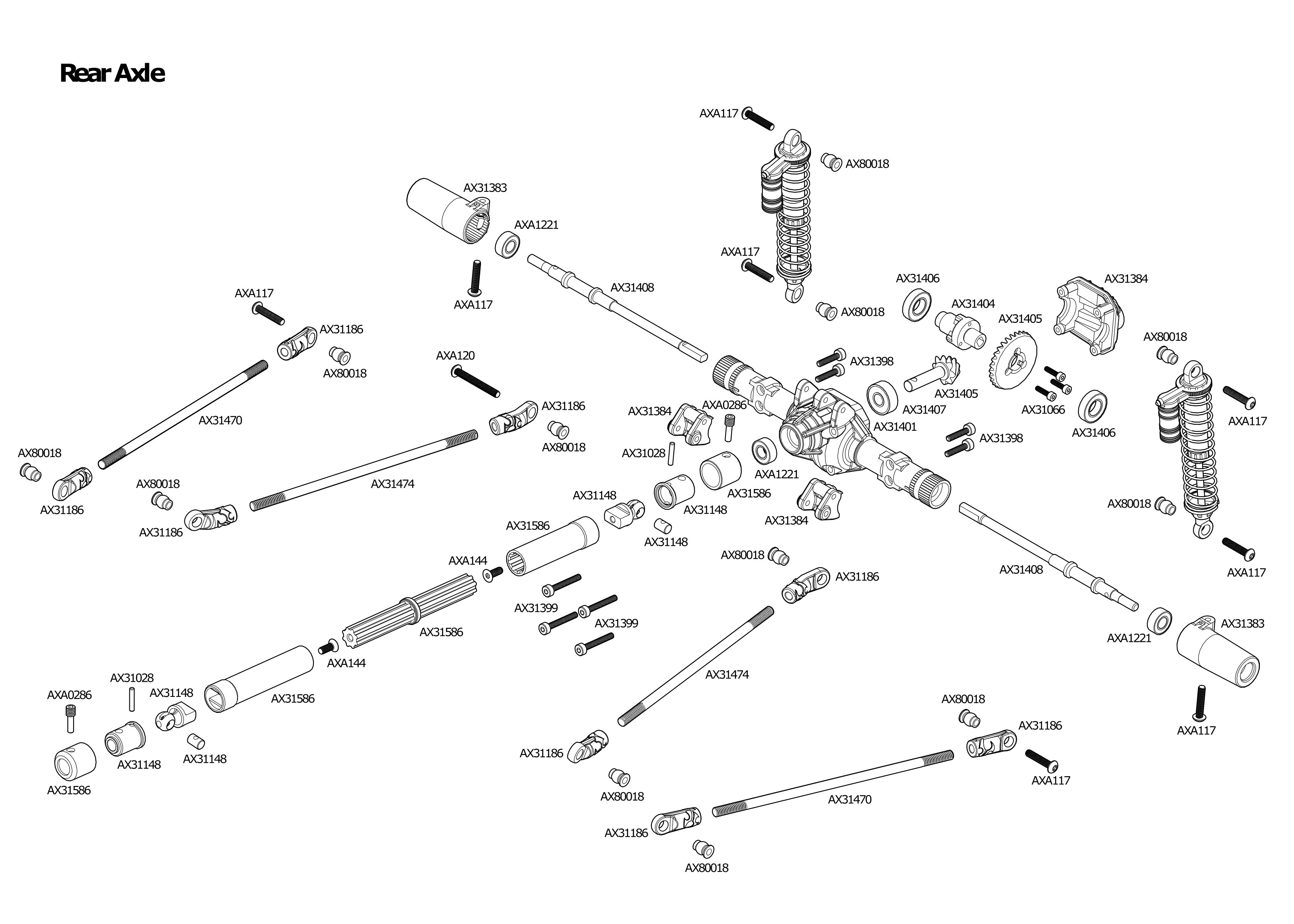 Exploded view: Axial SCX10 II Jeep Wrangler 2017 1:10 4WD RTR - Rear ...
