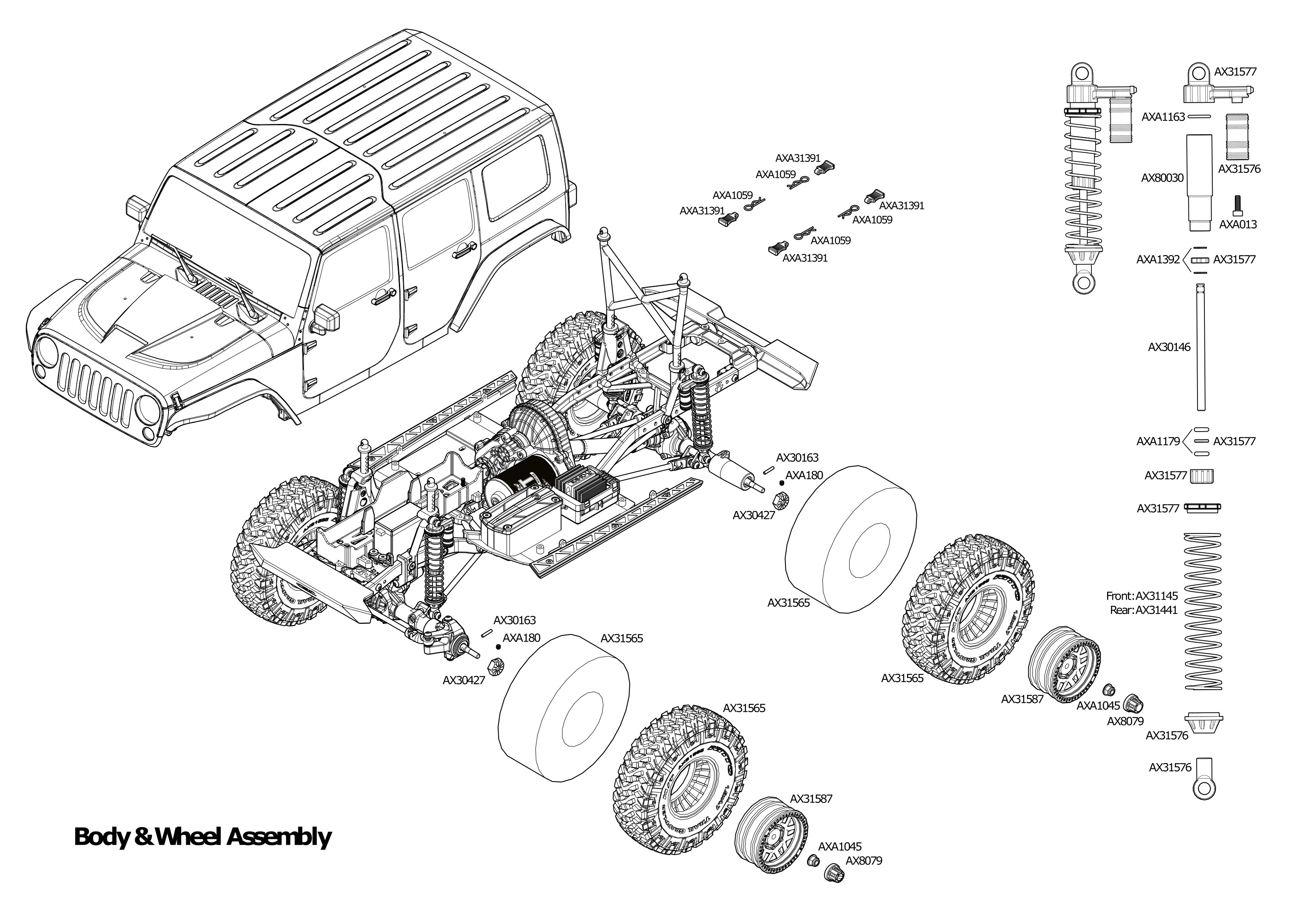 Exploded view: Axial SCX10 II Jeep Wrangler 2017 1:10 4WD RTR - Disky a ...