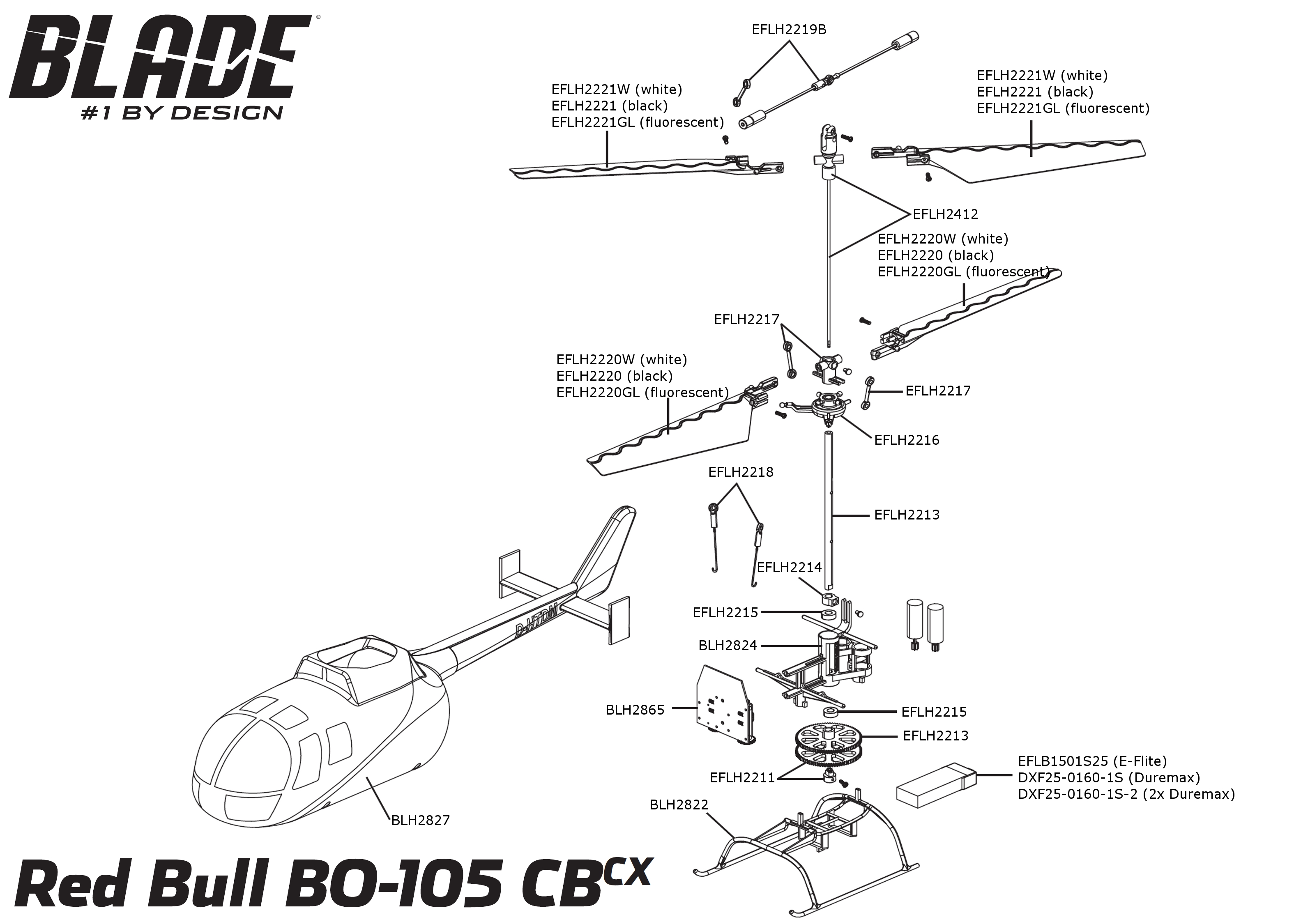 Exploded view: Blade Red Bull BO-105 CB CX - Chassis | Astra