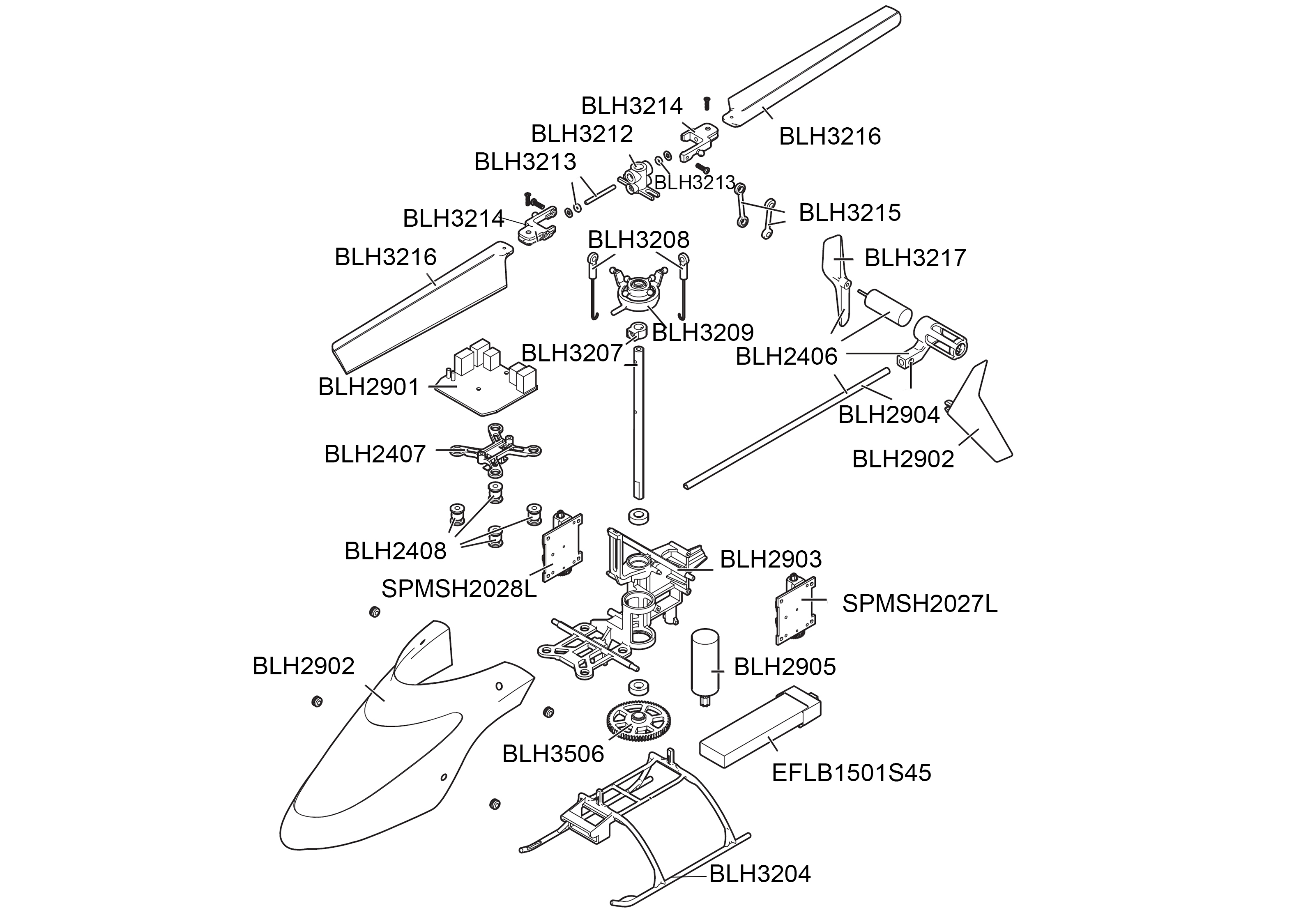 Exploded view: Blade mSR SAFE RTF - Chassis | Astra