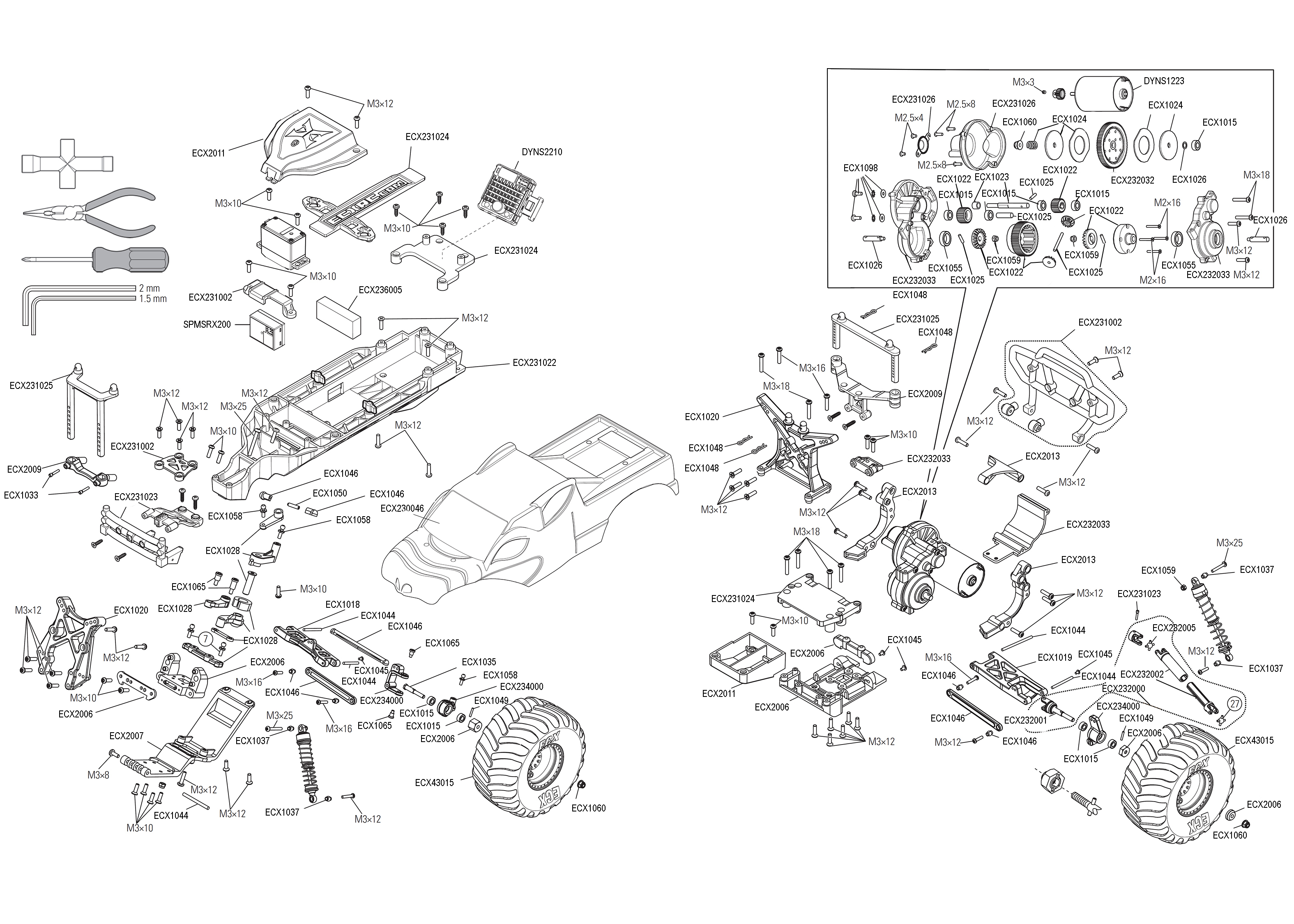 Exploded view: ECX Brutus Monster Truck 2WD 1:10 RTR - Chassis | Astra