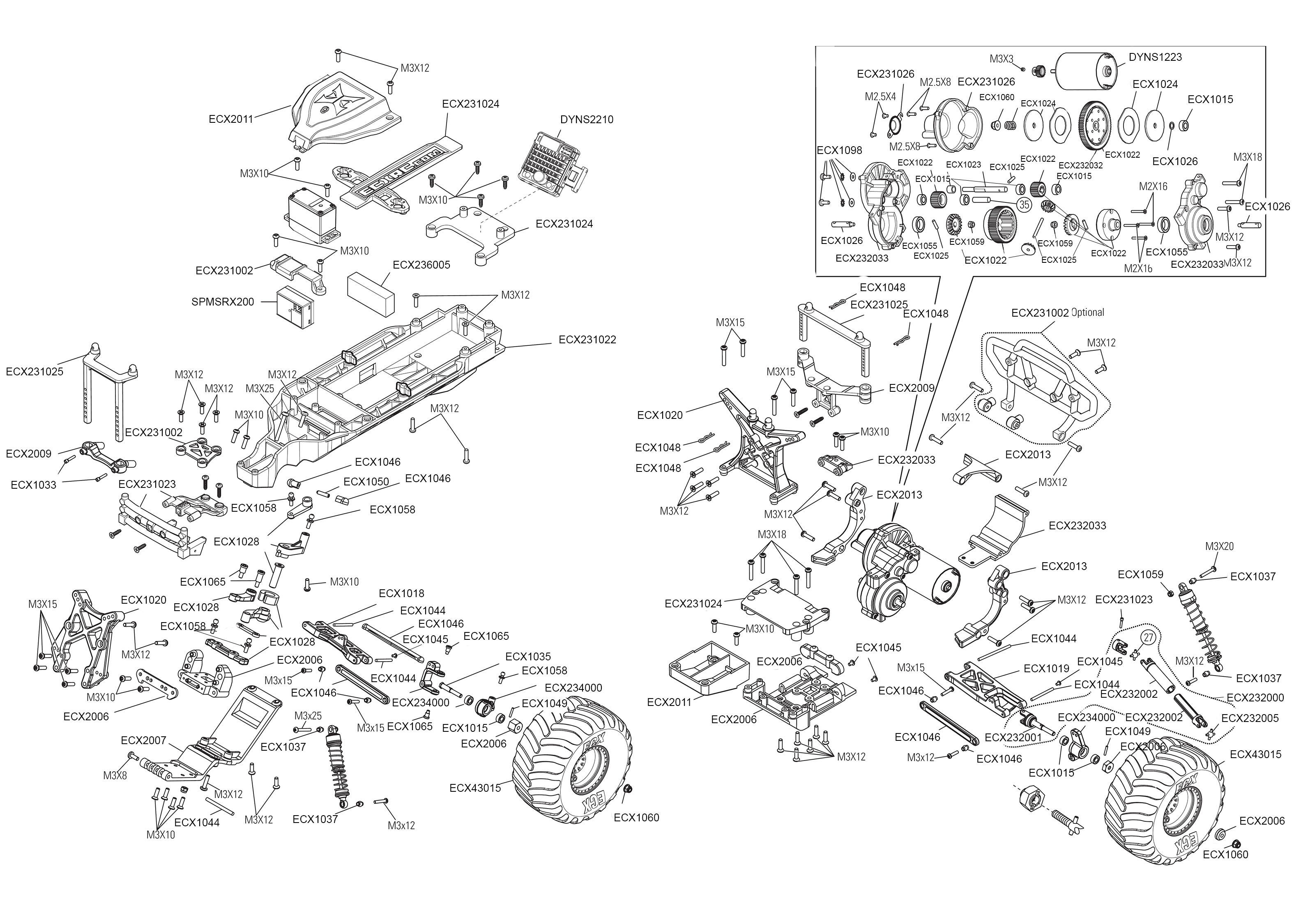 Exploded view: ECX Axe Monster Truck 1:10 RTR - Chassis | Astra