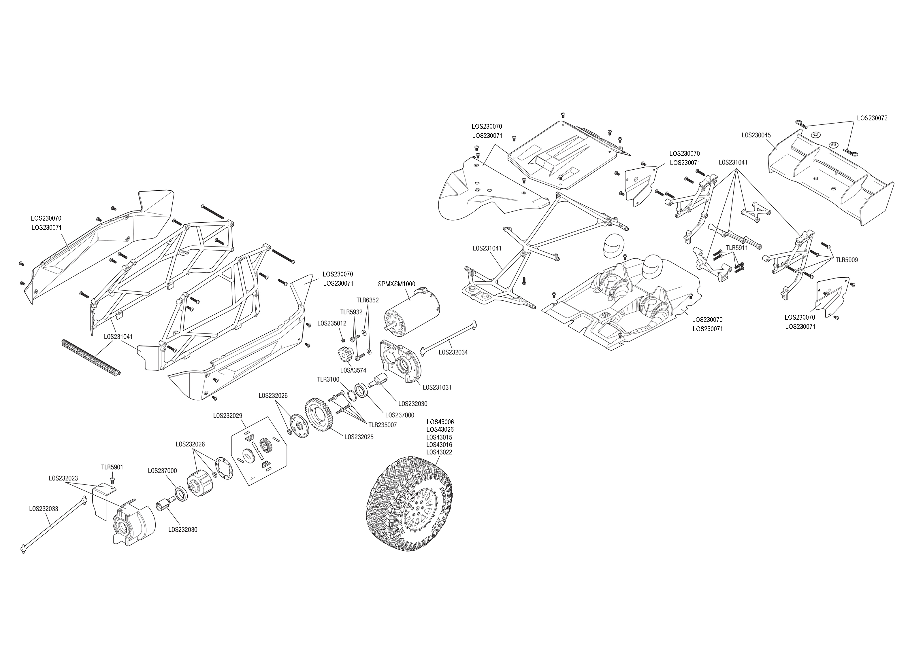 Exploded view: Losi Tenacity Desert Buggy Pro 1:10 4WD Smart RTR - Body ...