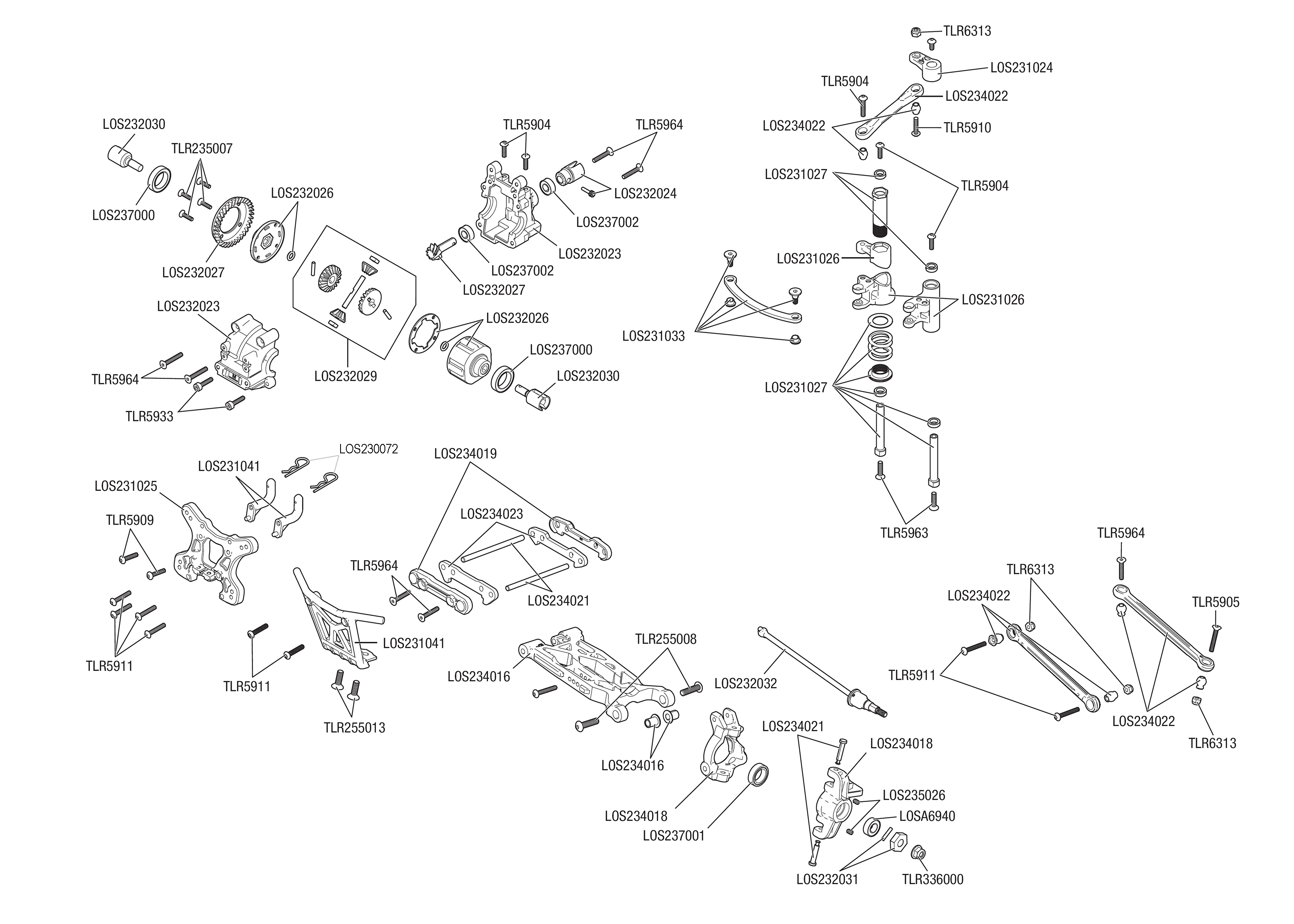Exploded view: Losi Tenacity Pro 1:10 4WD RTR - Front part | Astra
