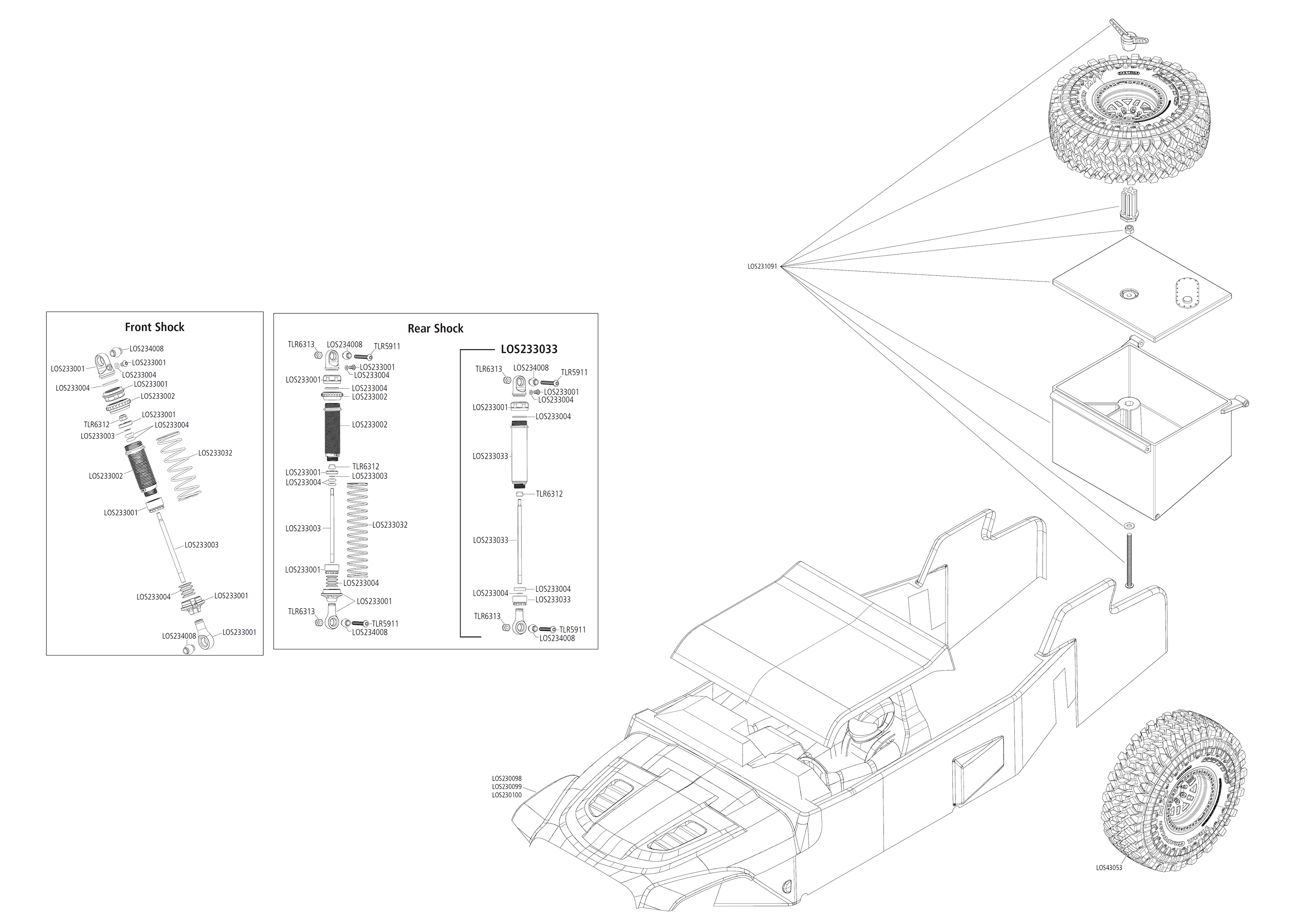 Exploded view: Losi Hammer Rey 1:10 4WD RTR - Shock | Astra