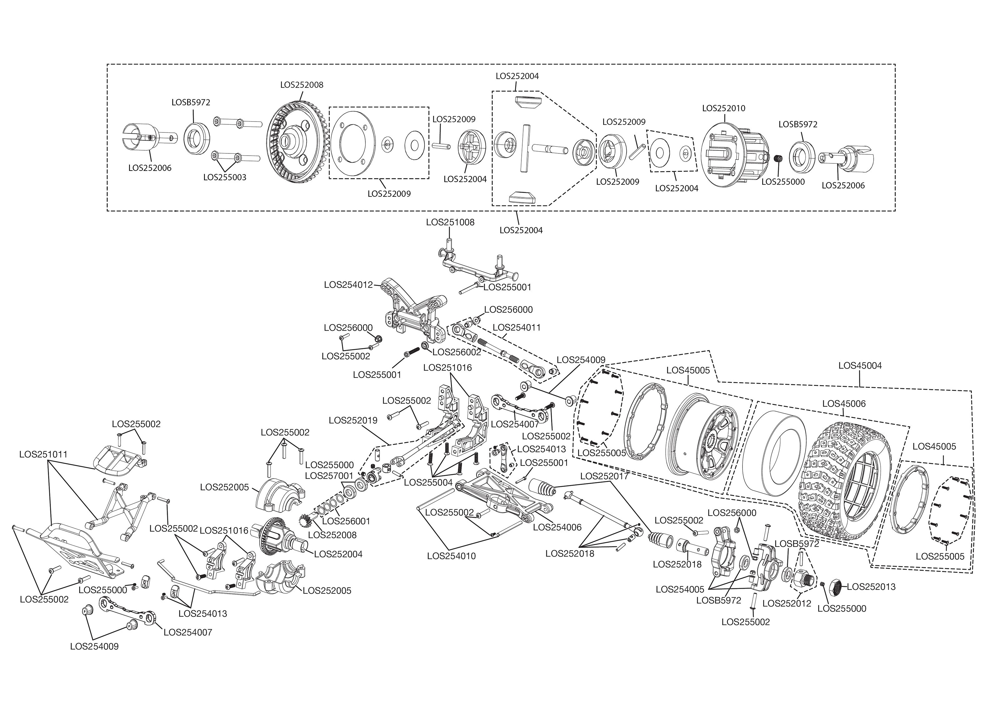 Exploded view: Losi Desert Buggy XL 1:5 4WD RTR - Front part | Astra