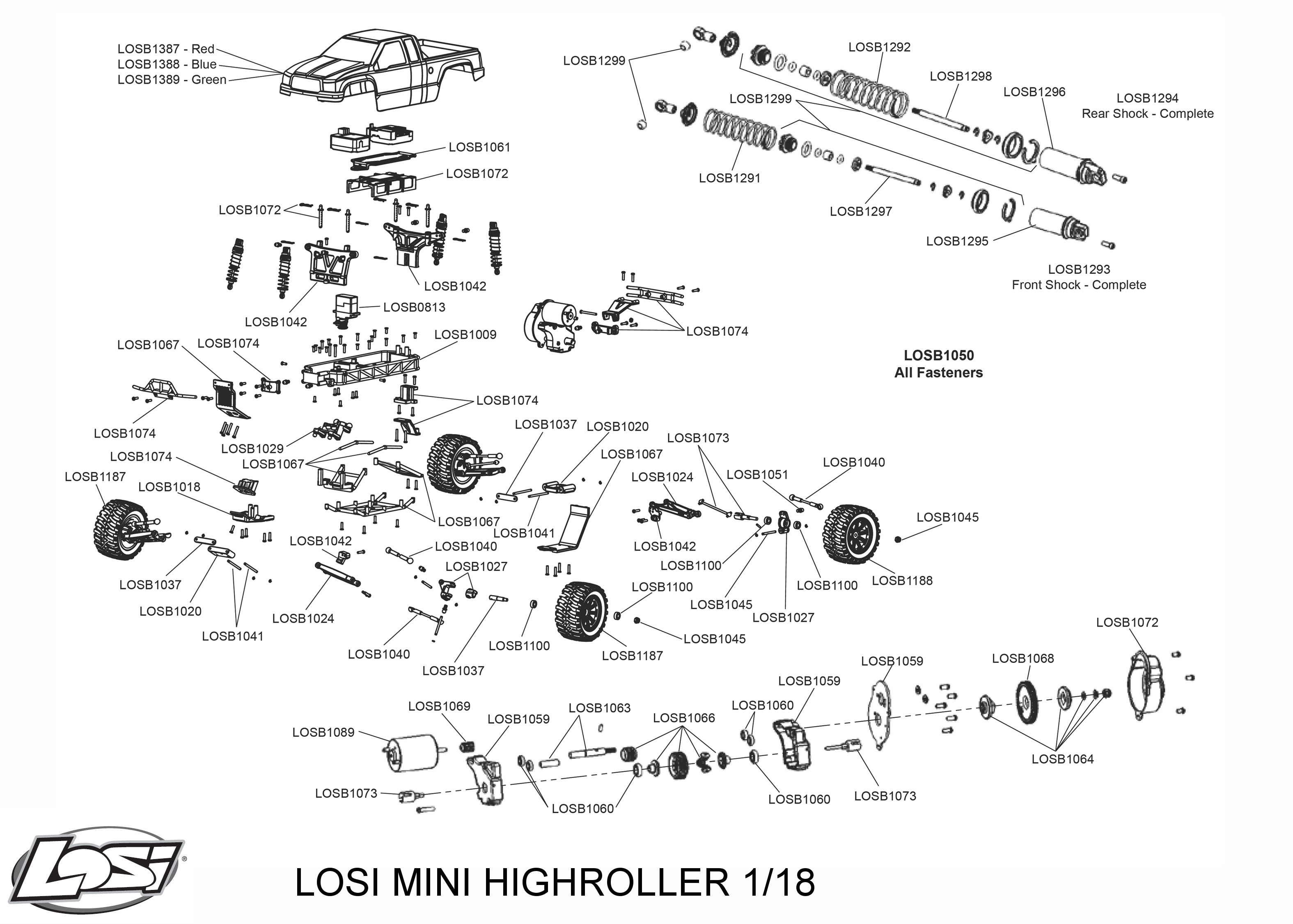 Exploded view: Losi Mini Highroller 1:18 - Chassis | Astra