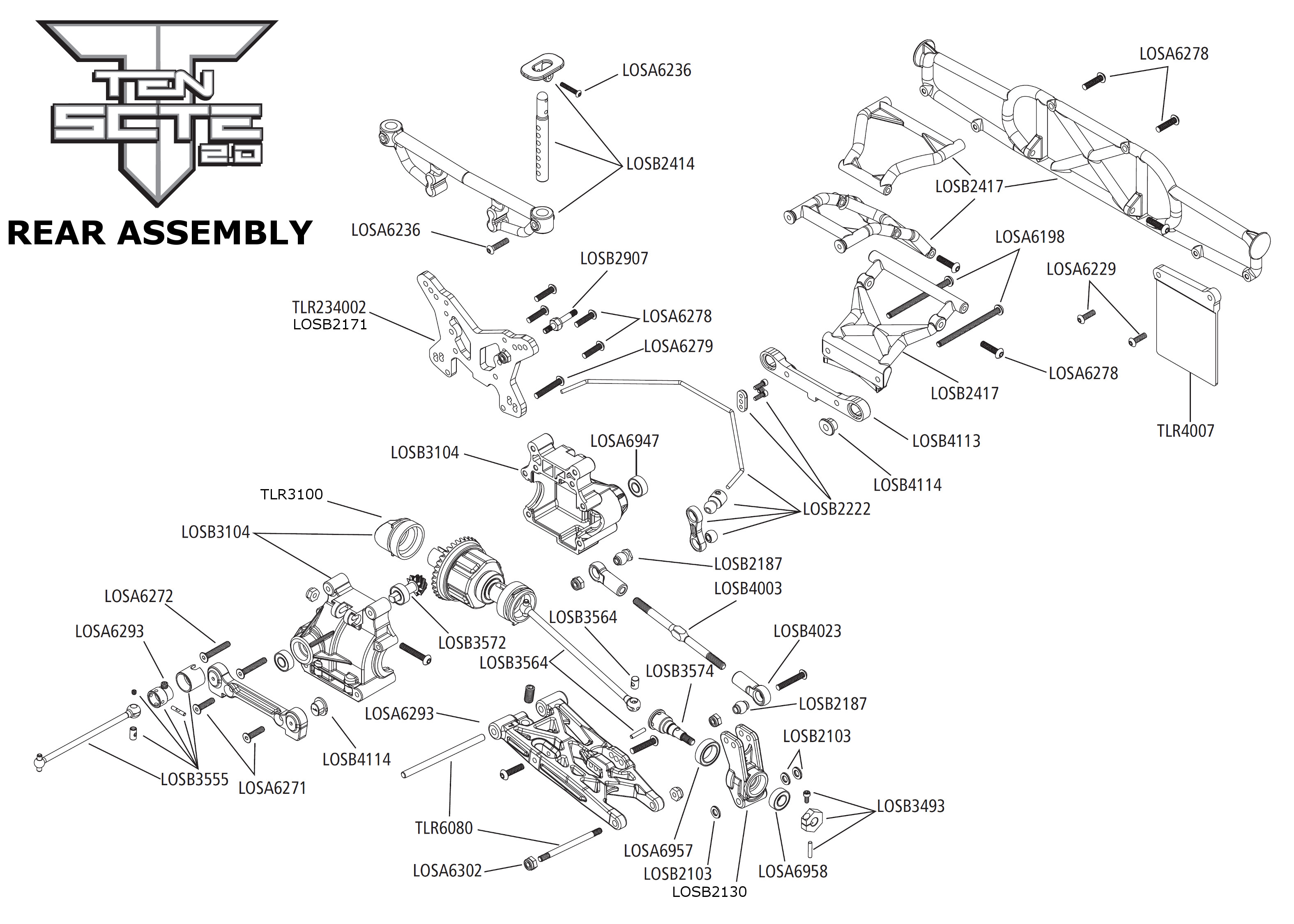 Exploded view: TLR Ten SCTE 4WD Kit - Rear part | Astra