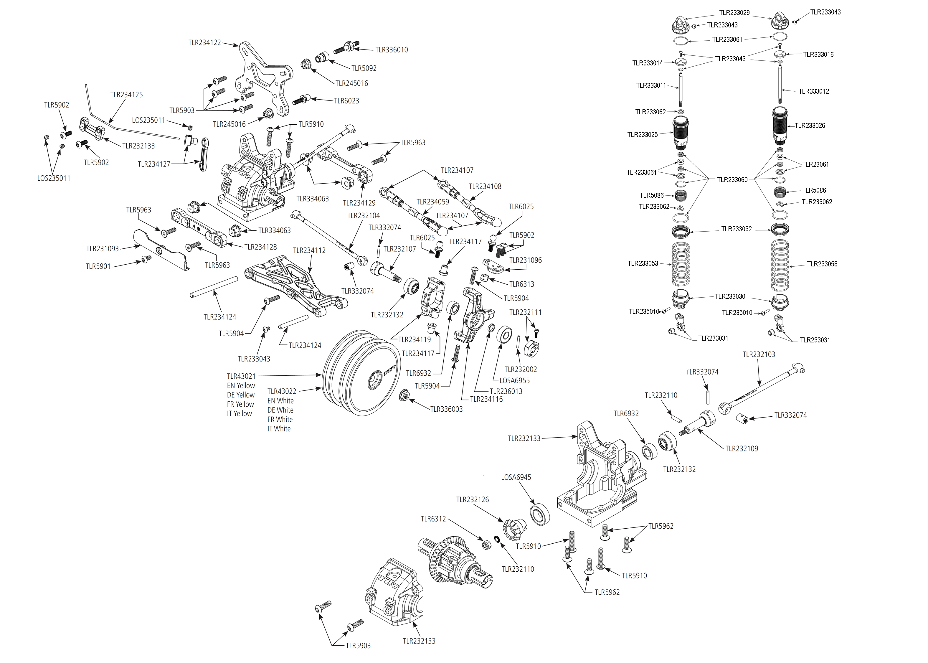 Exploded view: TLR 22X-4 1:10 4WD Race Buggy Kit - Front part | Astra