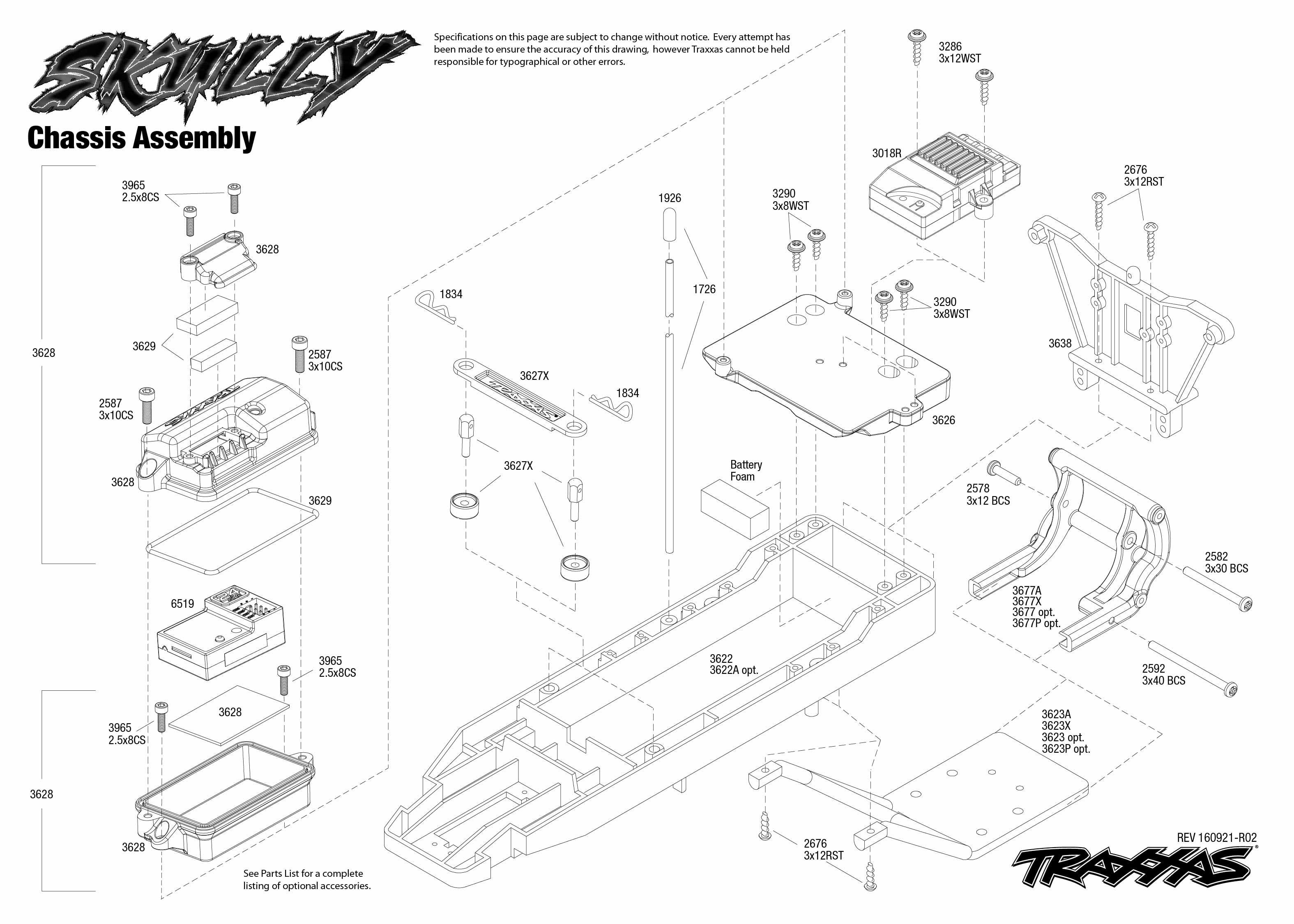 Exploded view: Traxxas Skully Monster Truck 1:10 TQ RTR - Chassis | Astra