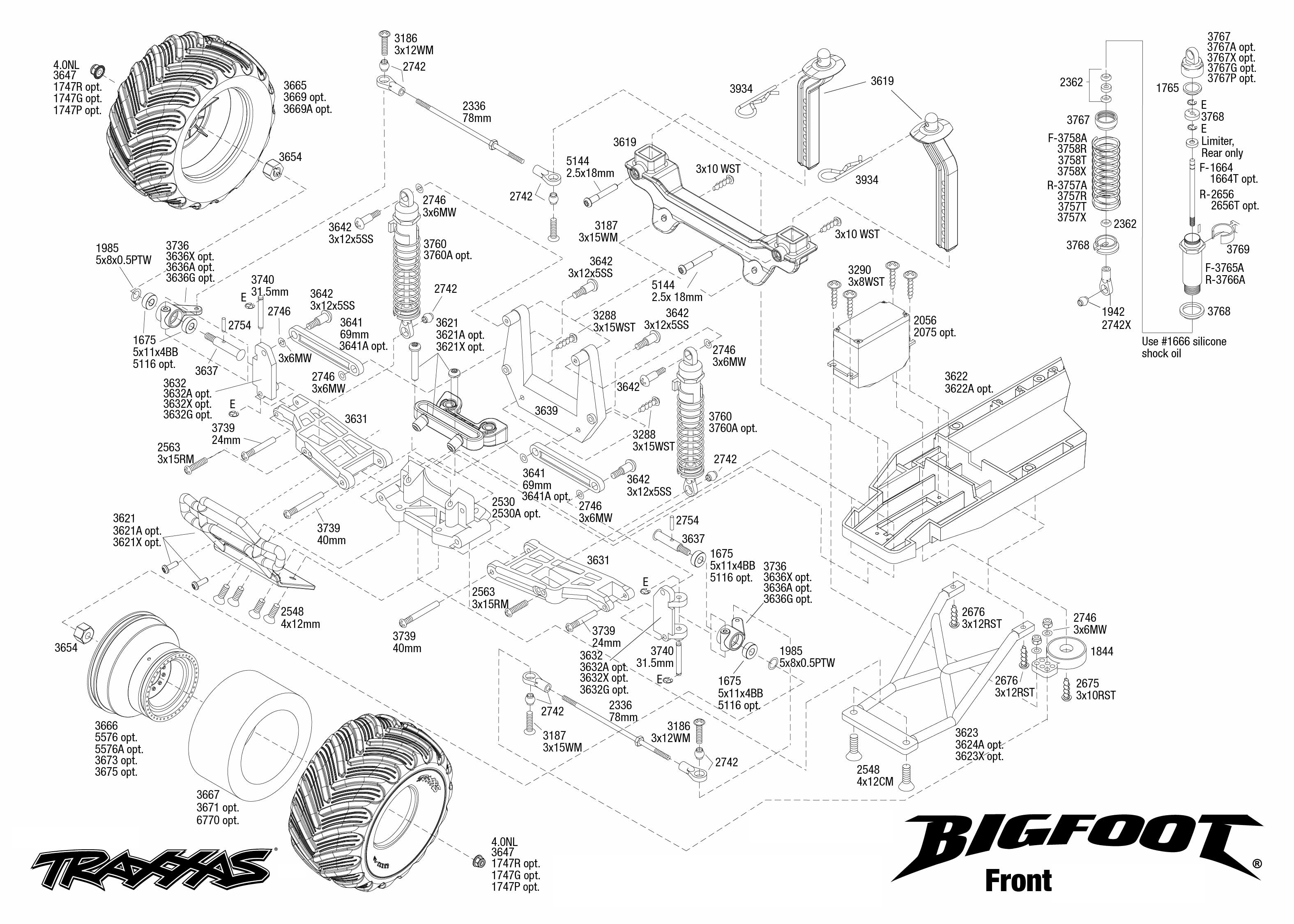 Exploded view: Traxxas Big Foot Monster Truck 1:10 TQ RTR - Front part ...