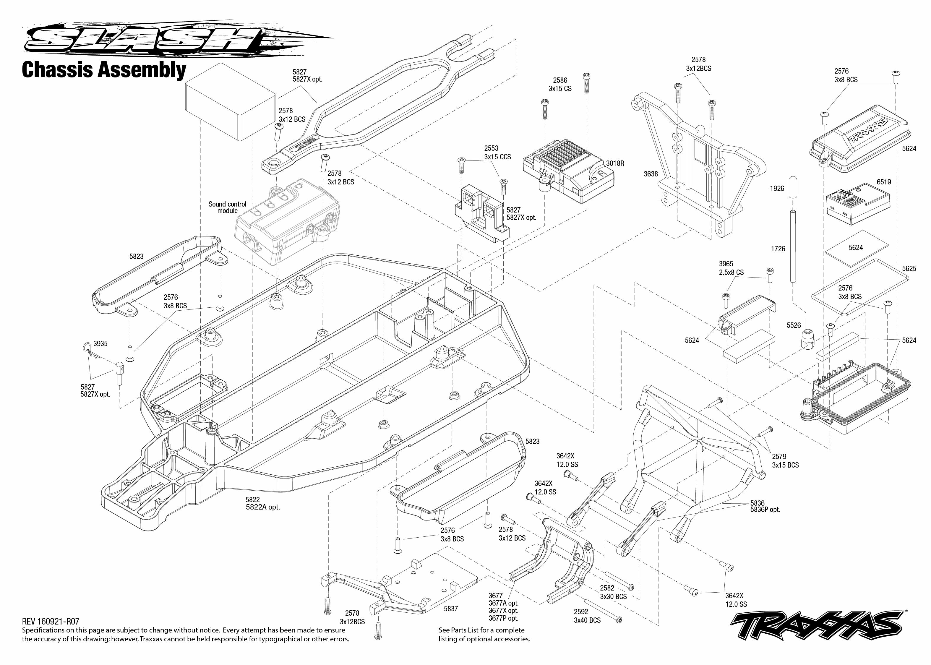 Exploded view: Traxxas Slash 1:10 TQ RTR onboard audio - Chassis | Astra