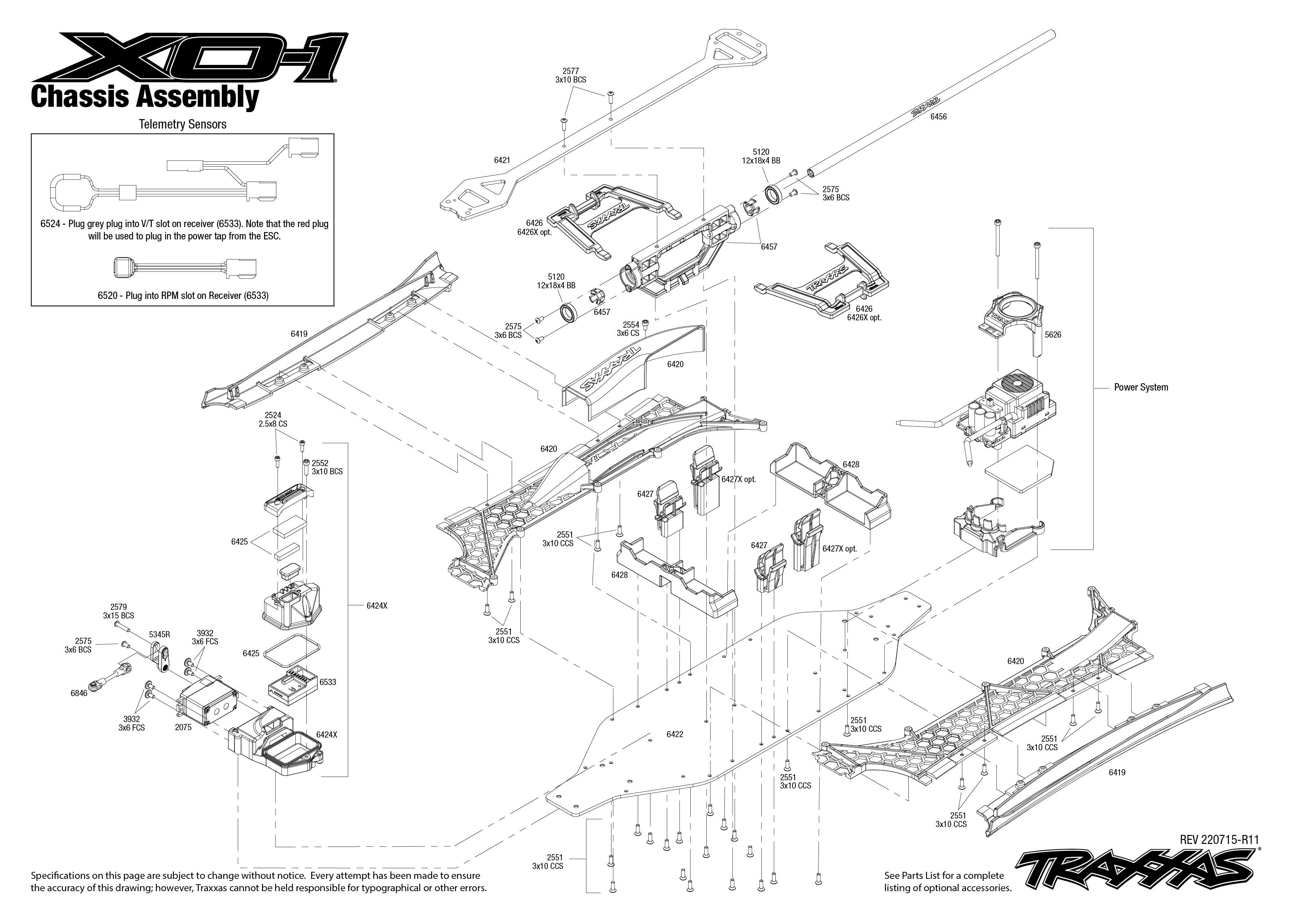 Exploded view: Traxxas XO-1 1:7 TQi BlueTooth RTR - Chassis | Astra