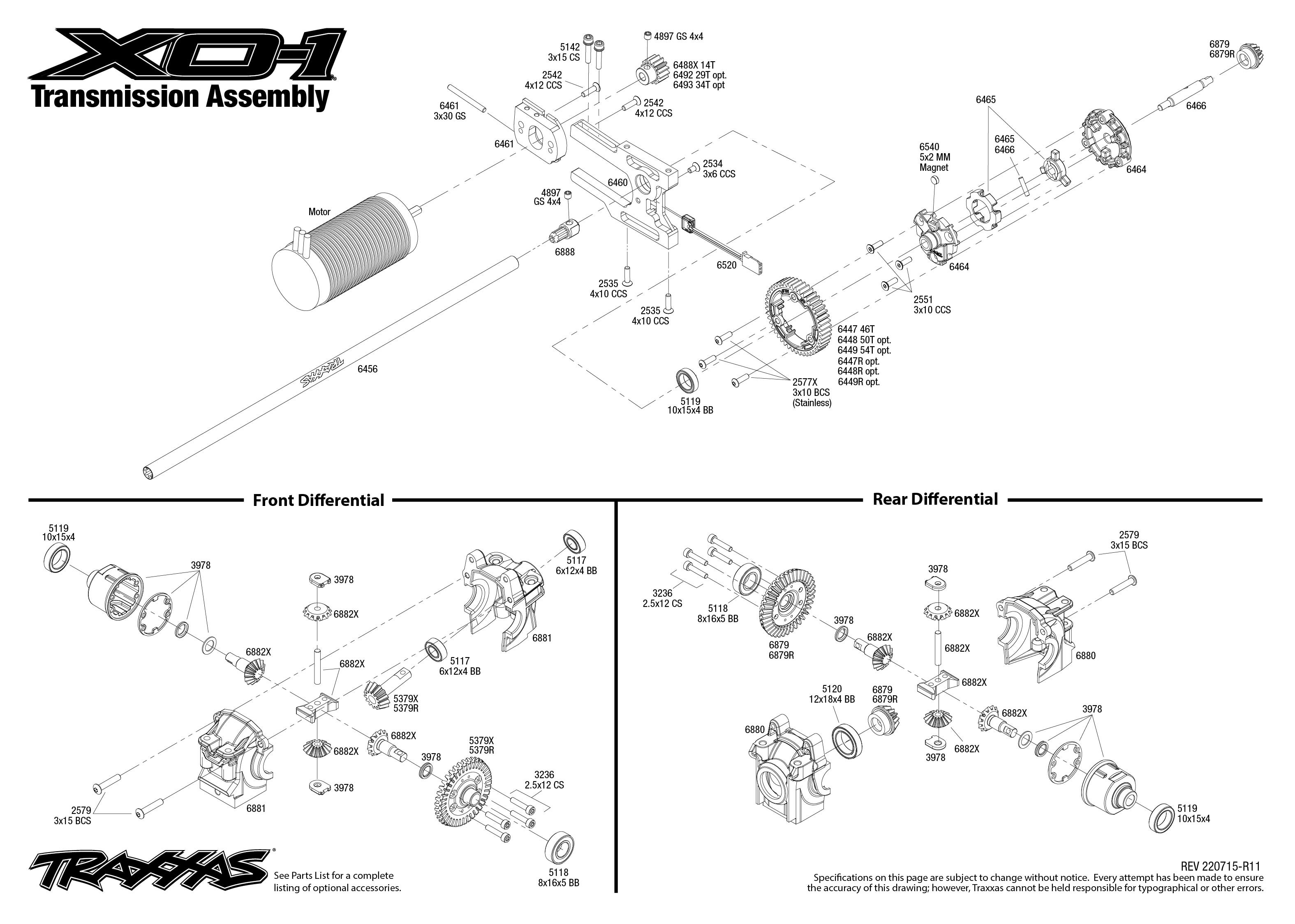 Exploded view: Traxxas XO-1 1:7 TQi BlueTooth RTR - Transmission | Astra