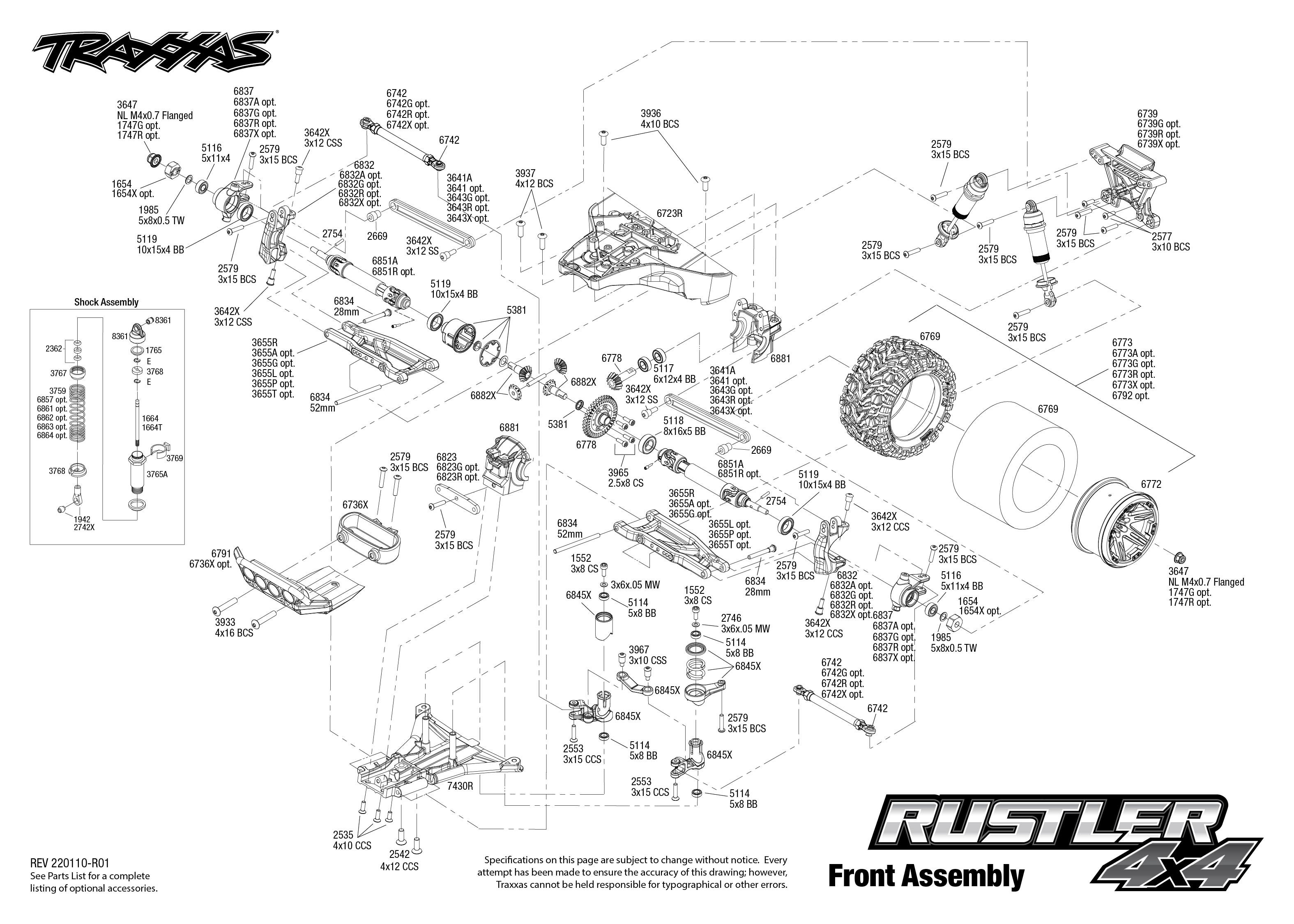 Exploded view: Rustler 4WD 1:10 RTR s LED osvětlením - Front part | Astra