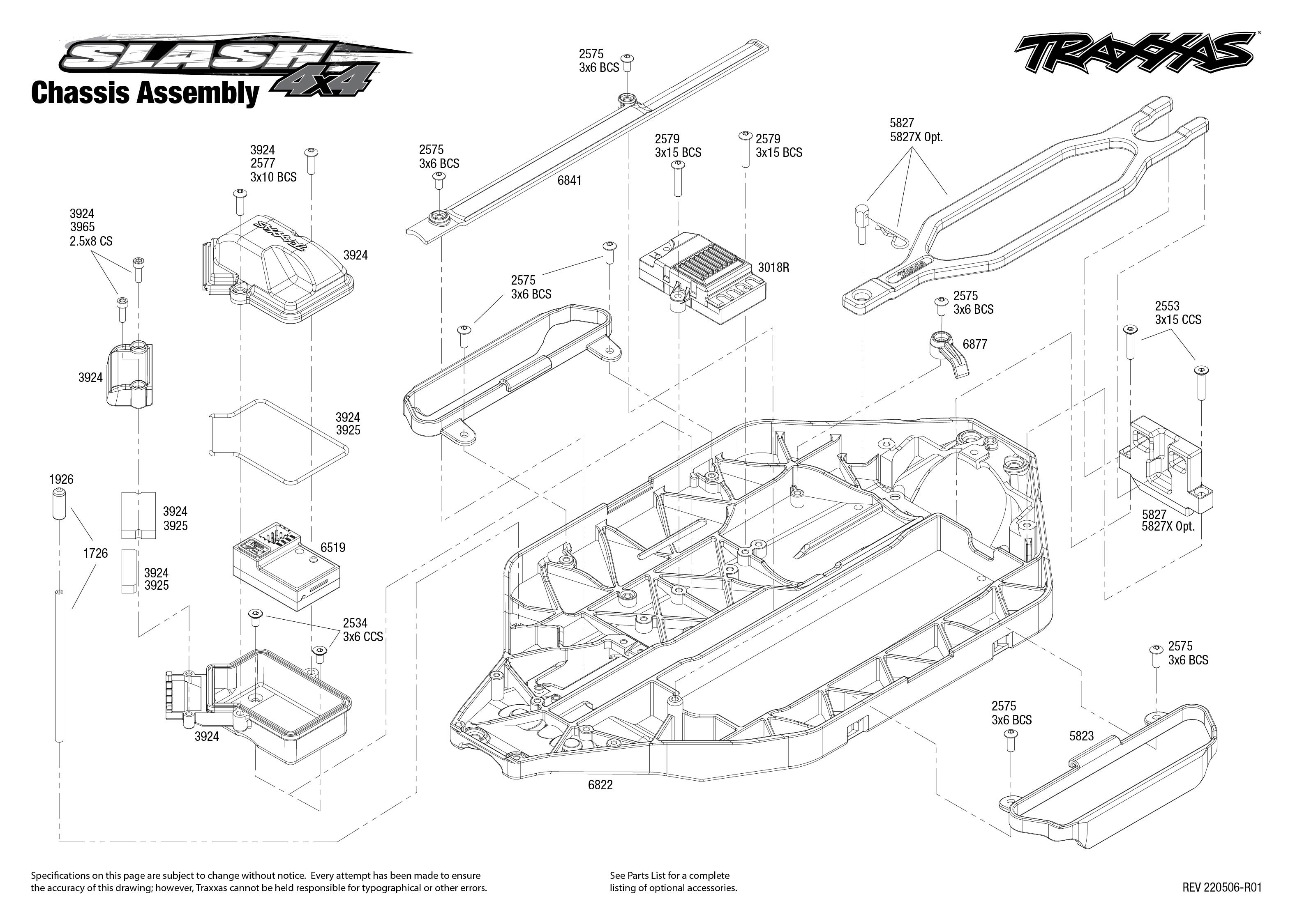Exploded view: Slash 4WD 1:10 RTR with LED - Chassis | Astra
