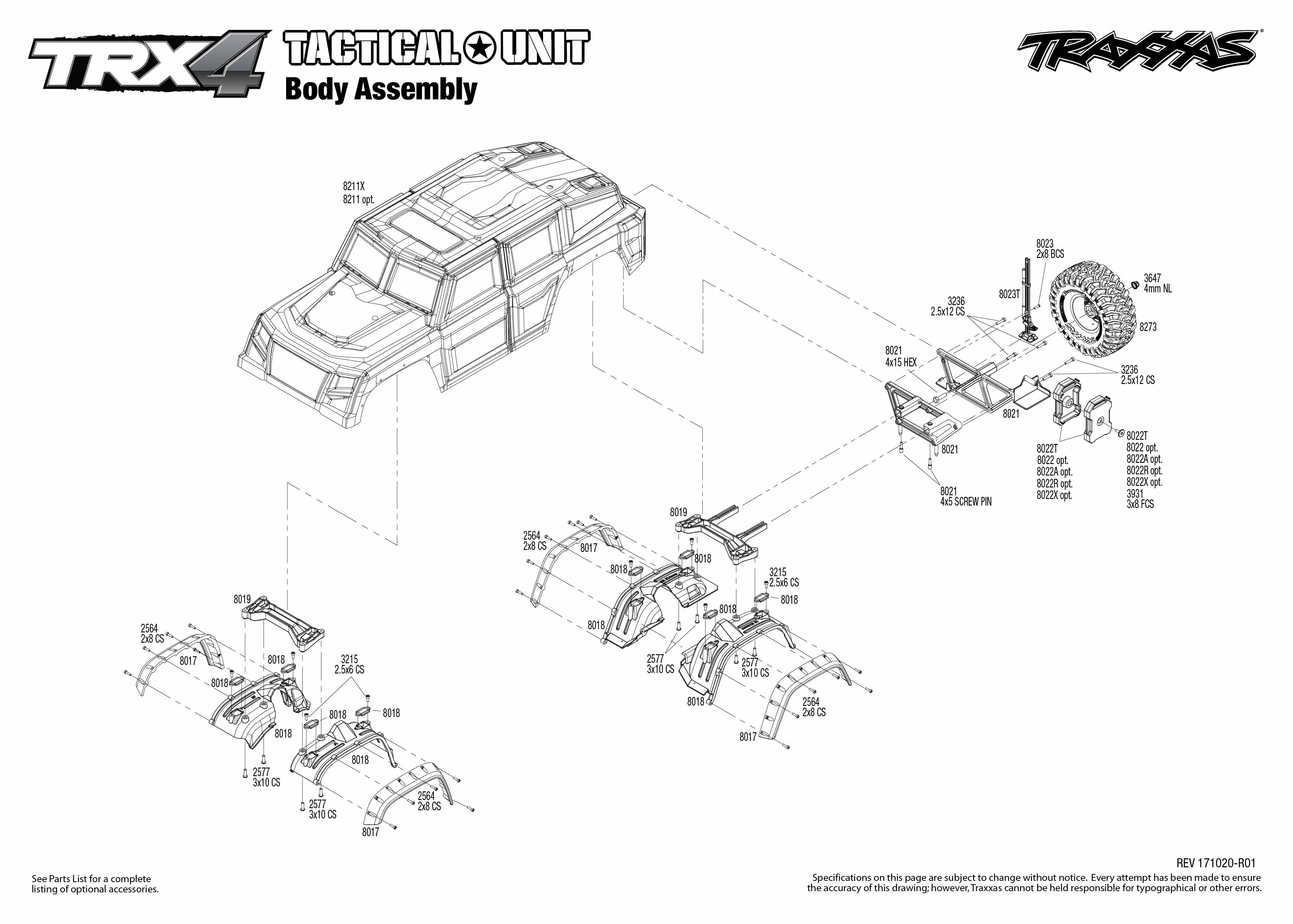 Exploded view: Traxxas TRX-4 Tactical Unit 1:10 TQi RTR - Body | Astra