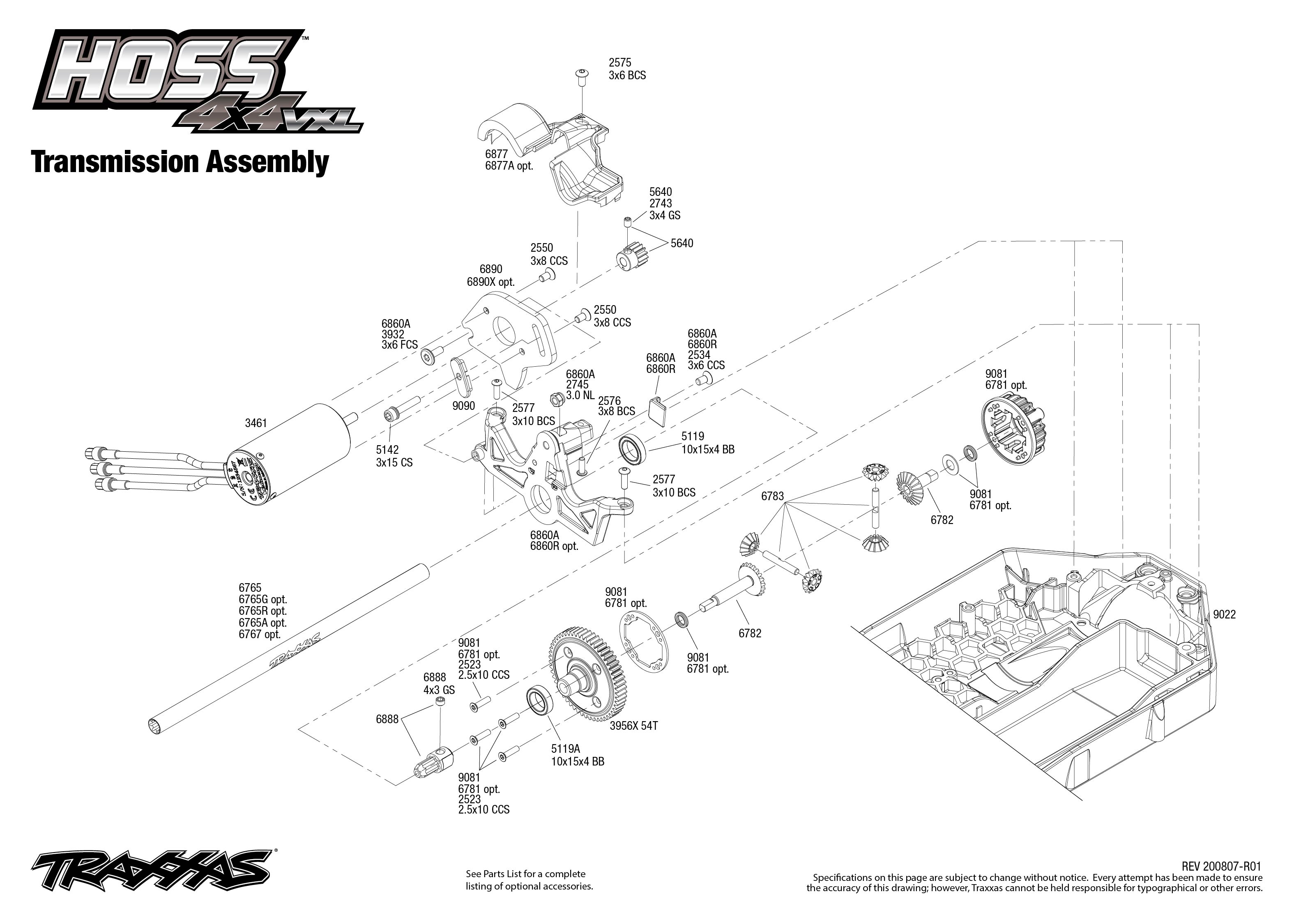 Exploded view: Traxxas Hoss 1:10 VXL 4WD TQi RTR - Transmission | Astra