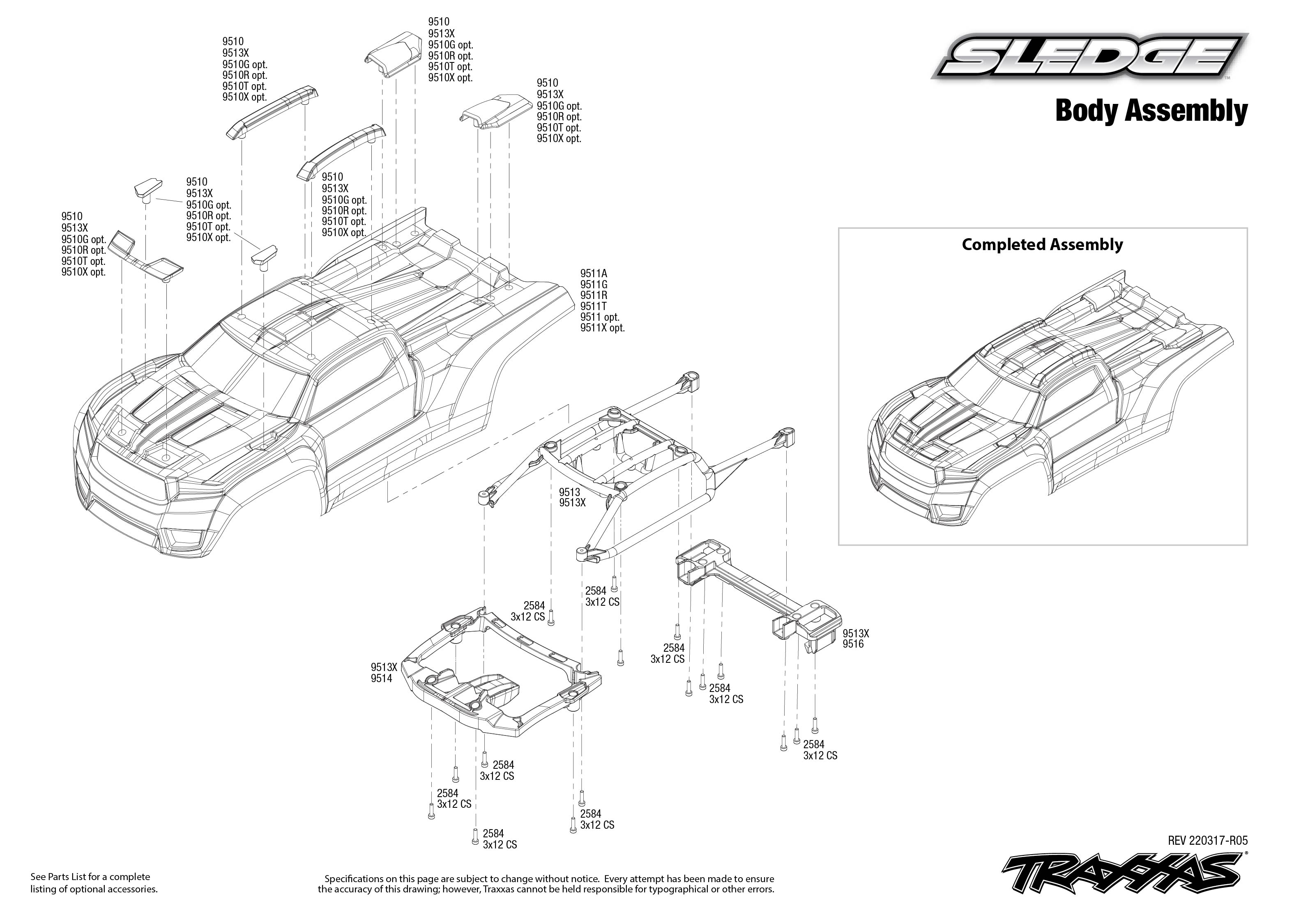 Exploded view: Traxxas Sledge 1:8 4WD TQi RTR - Body | Astra