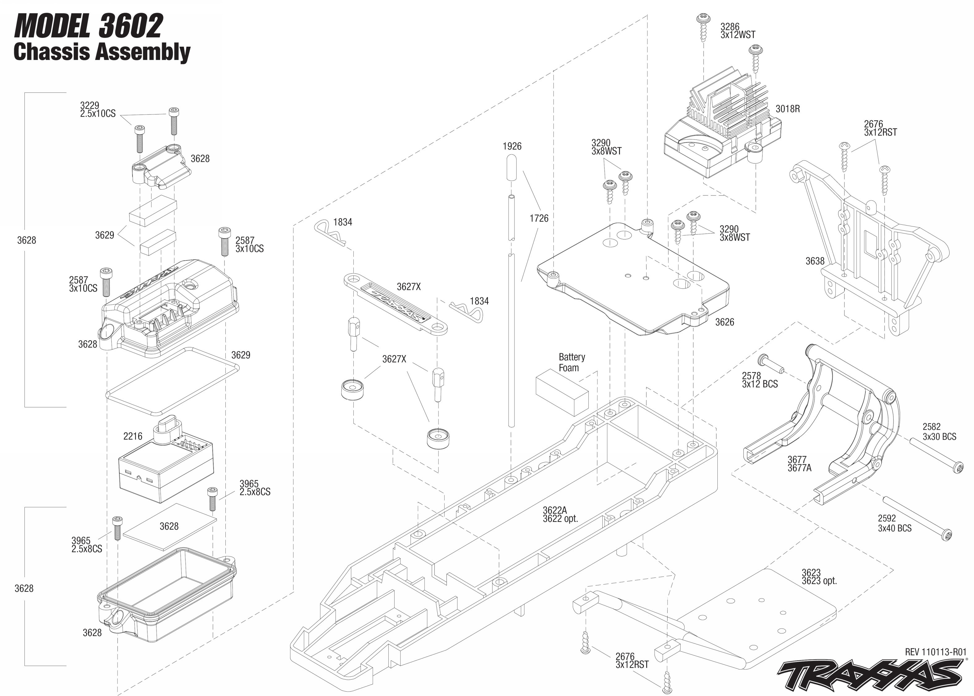 Exploded view: Traxxas Monster Jam 1:10 - Chassis | Astra