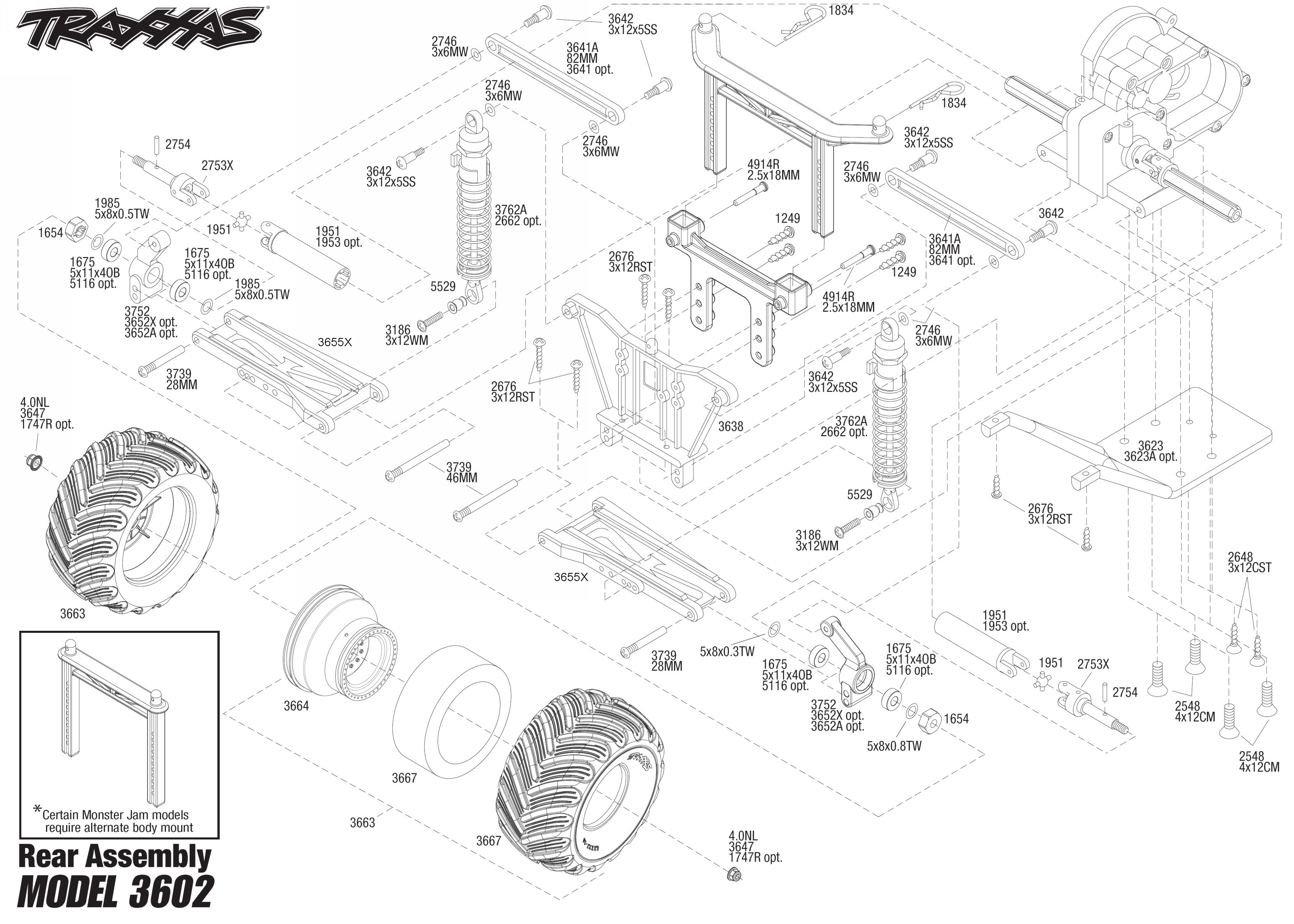 Exploded view: Traxxas Monster Jam 1:10 - Rear part | Astra