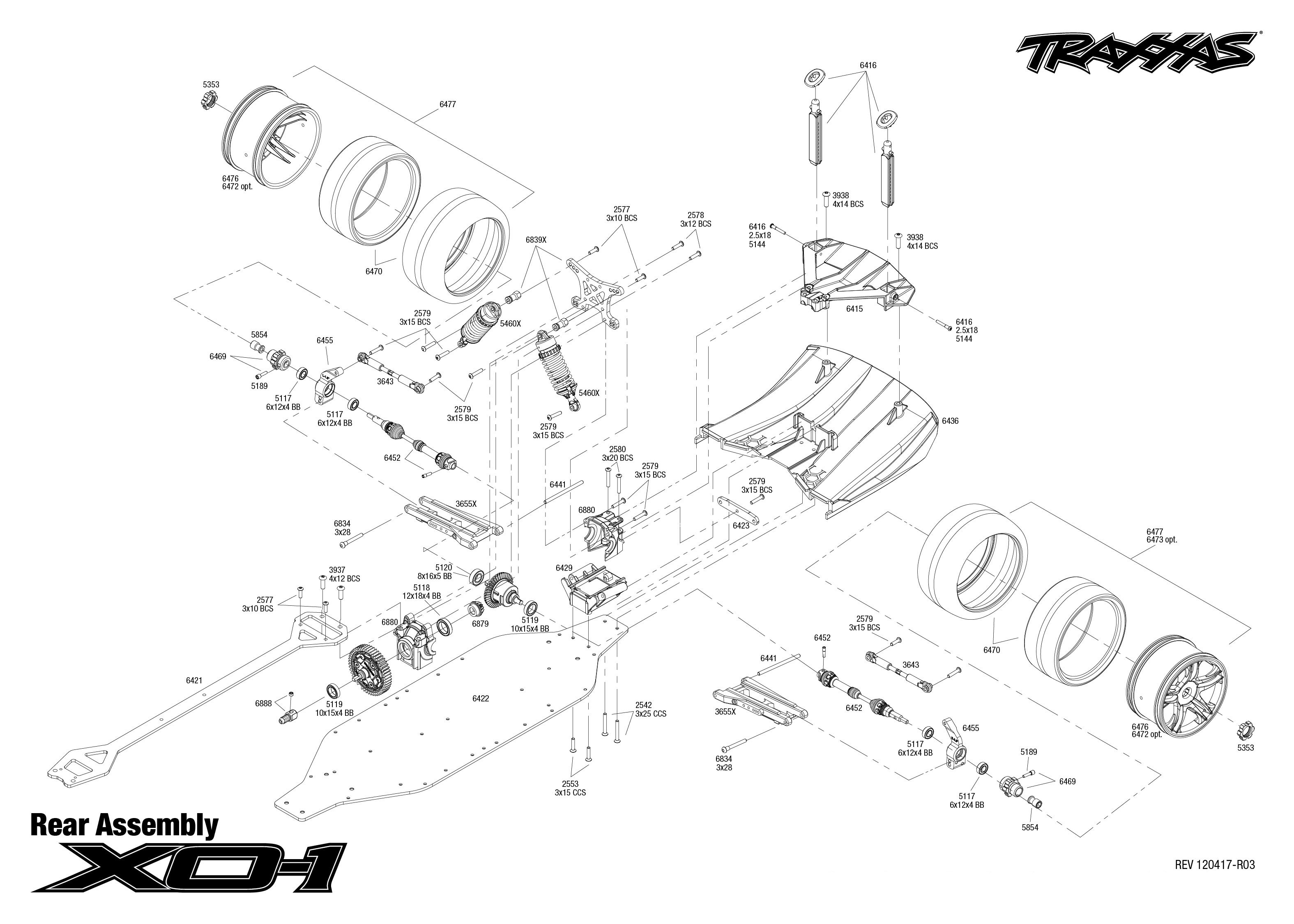 Exploded view: Traxxas XO-1 1:7 Brushless - Rear part | Astra