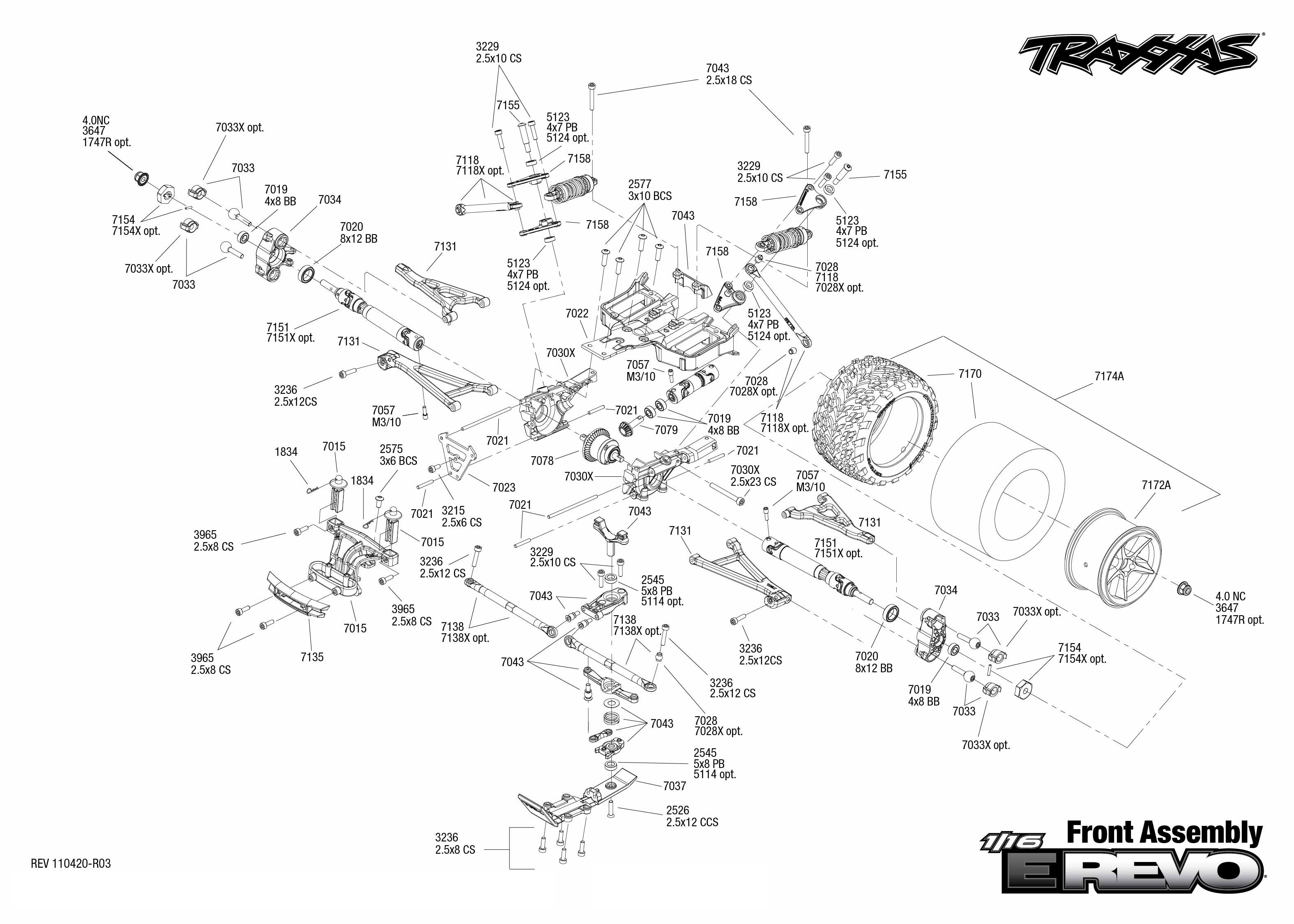 Exploded view: Traxxas E-Revo 1:16 - Front part | Astra