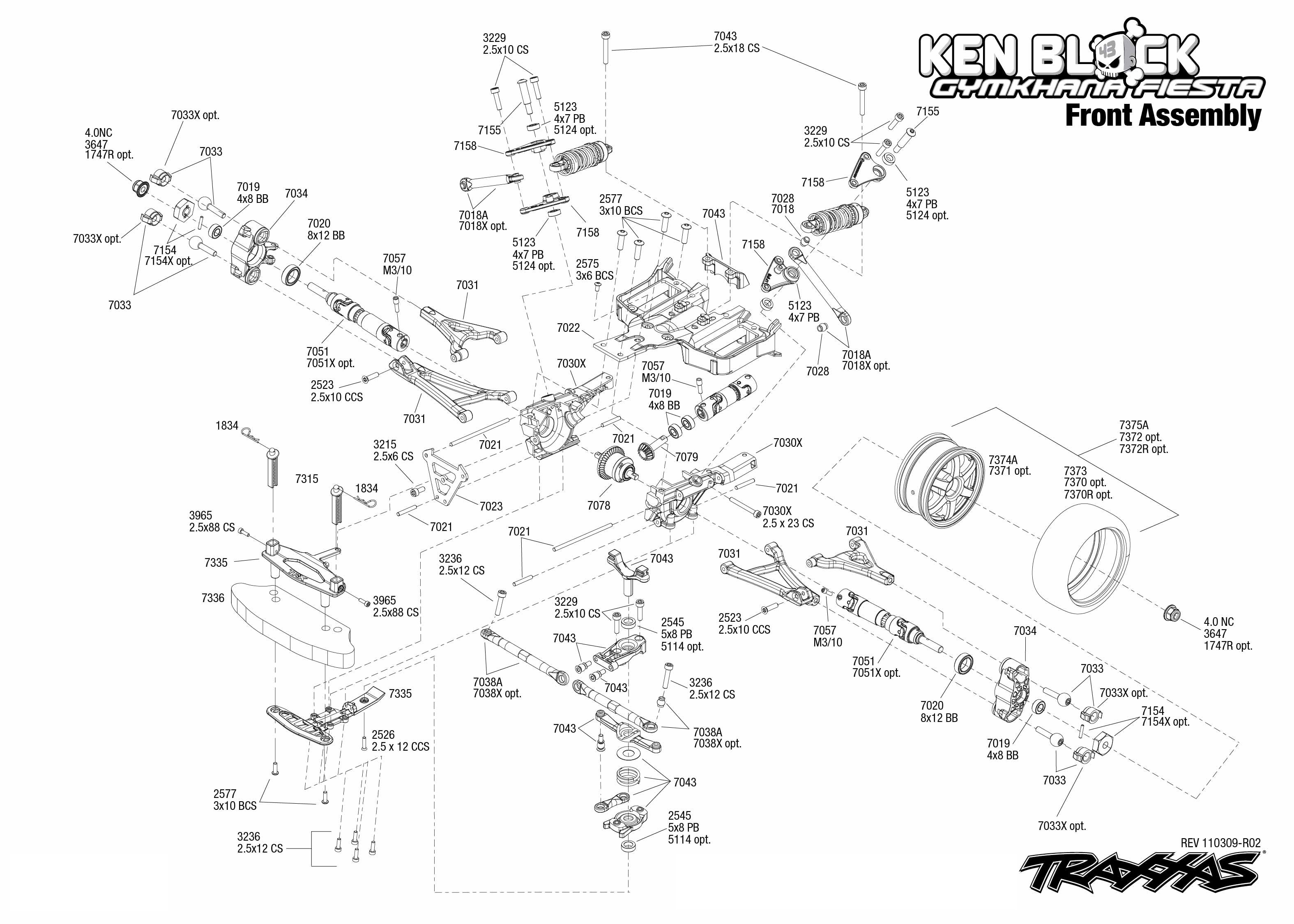 Exploded view: Traxxas Ford Fiesta Ken Block 1:16 VXL - Front part | Astra