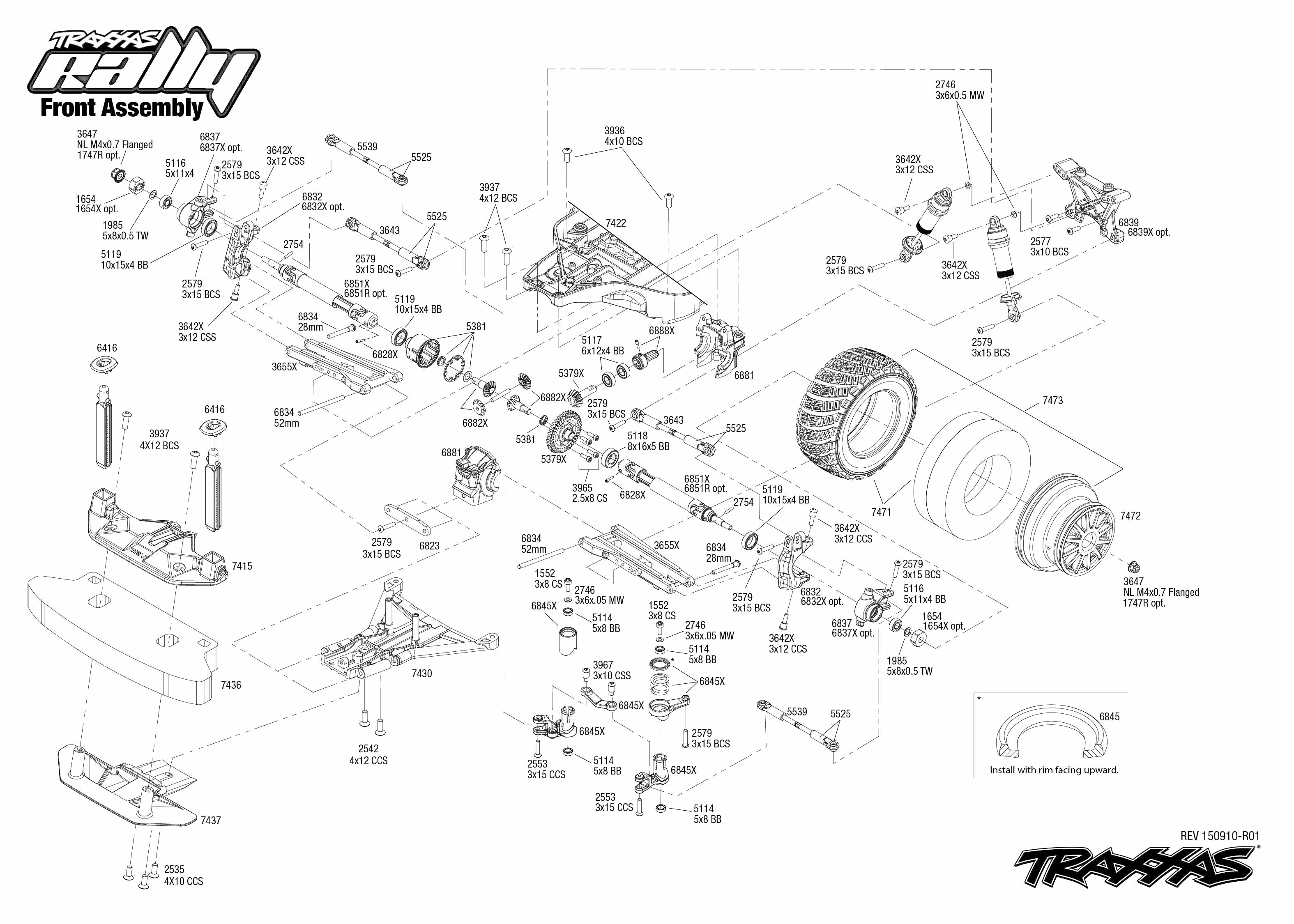 Exploded view: Traxxas Rally 1:10 VXL - Front part | Astra